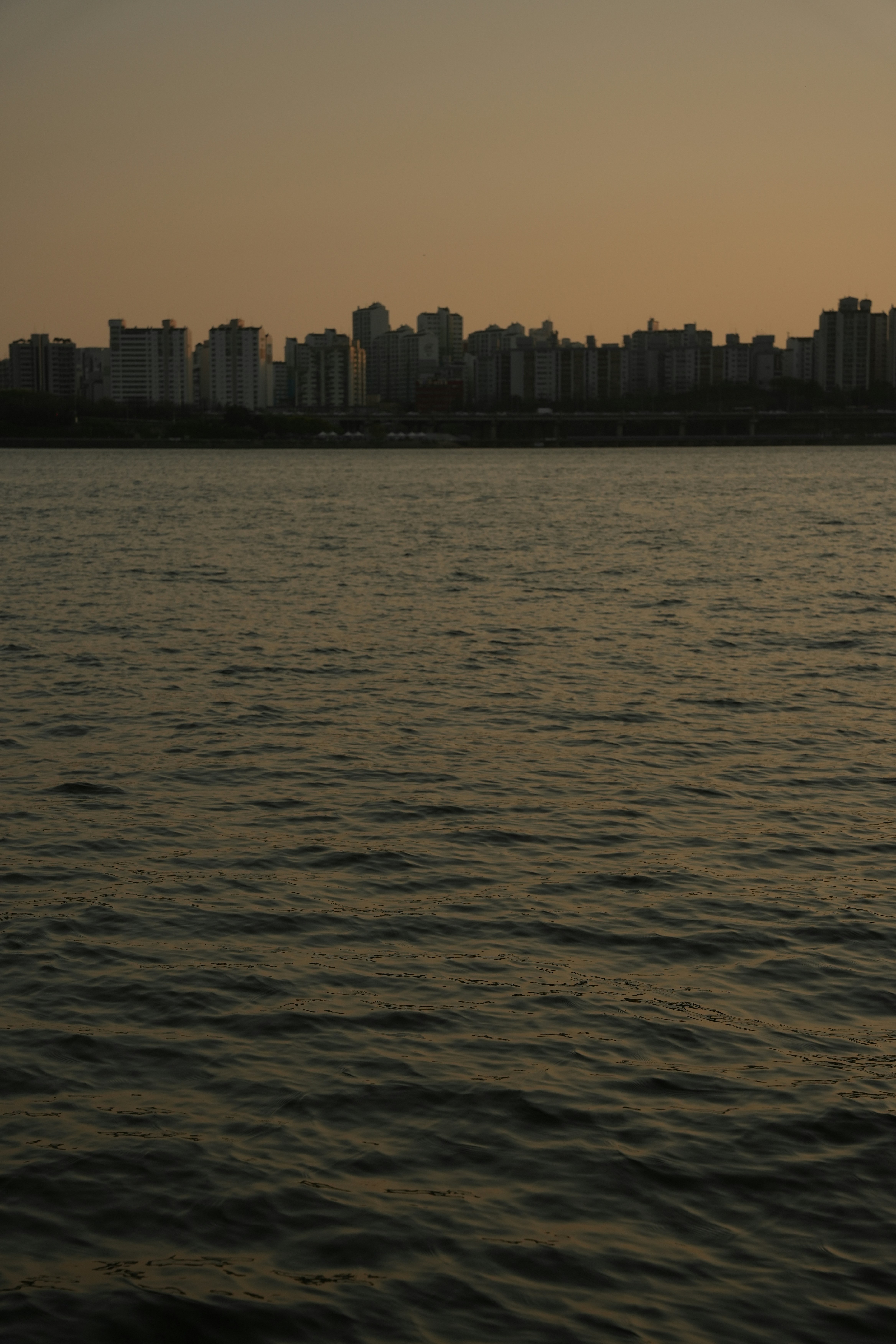City skyline silhouetted against the twilight sky, reflecting on the water's surface.