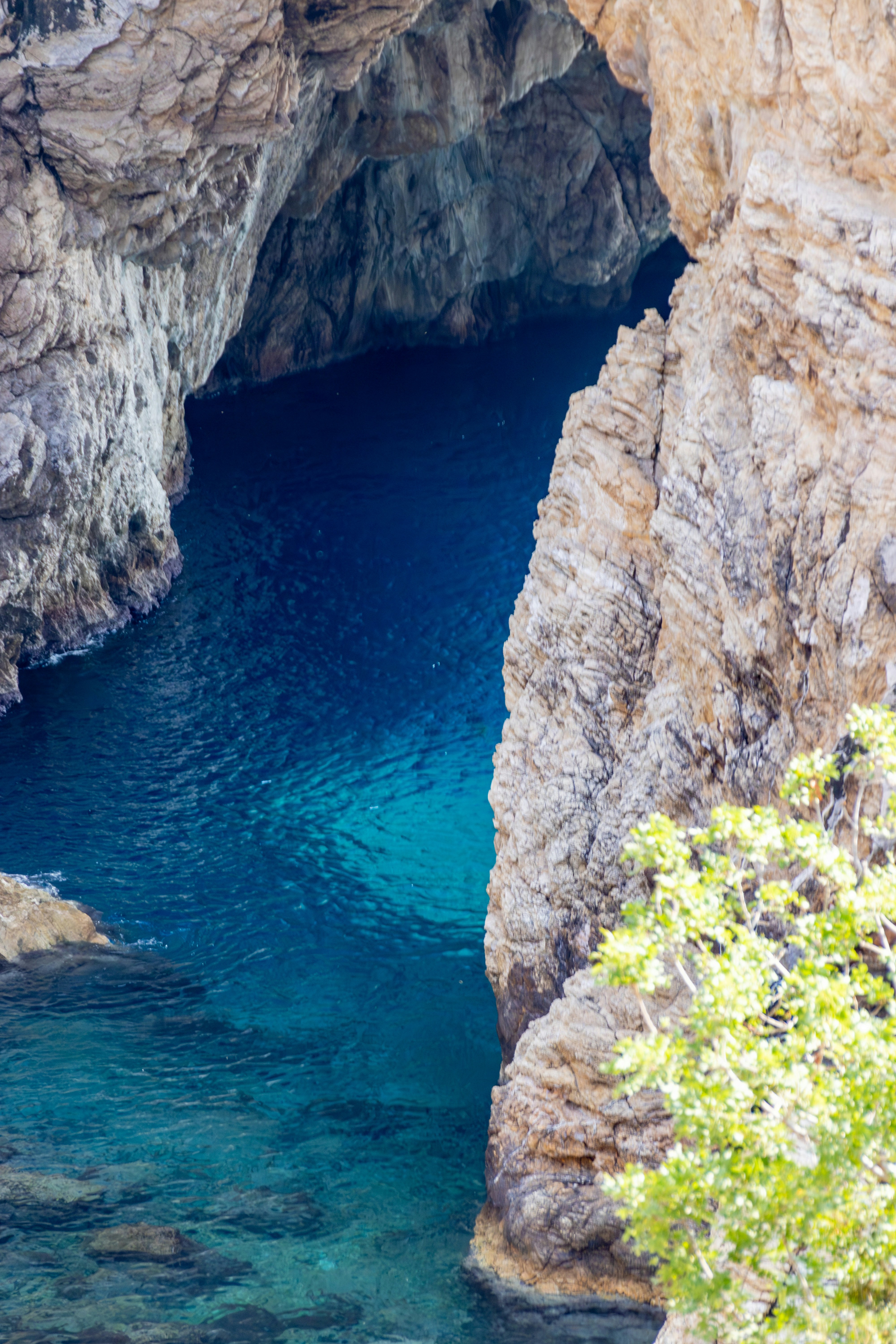 Crystal-clear waters reflecting the rocky contours of a secluded cove, framed by rugged cliffs and vibrant greenery.