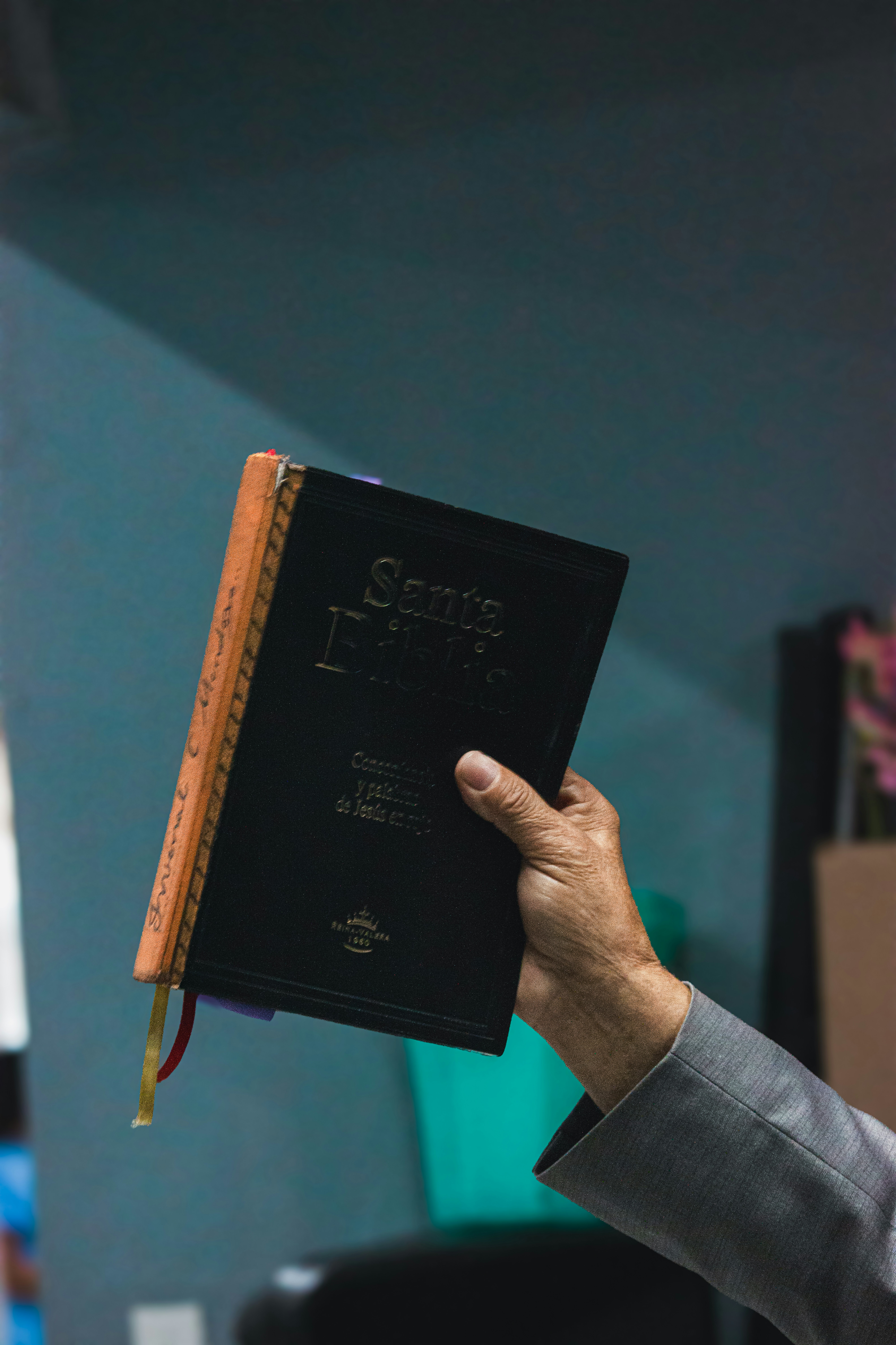 A hand holding a black-covered Bible, showcasing its ornate spine and colorful ribbons. The background features subtle hints of a serene environment.