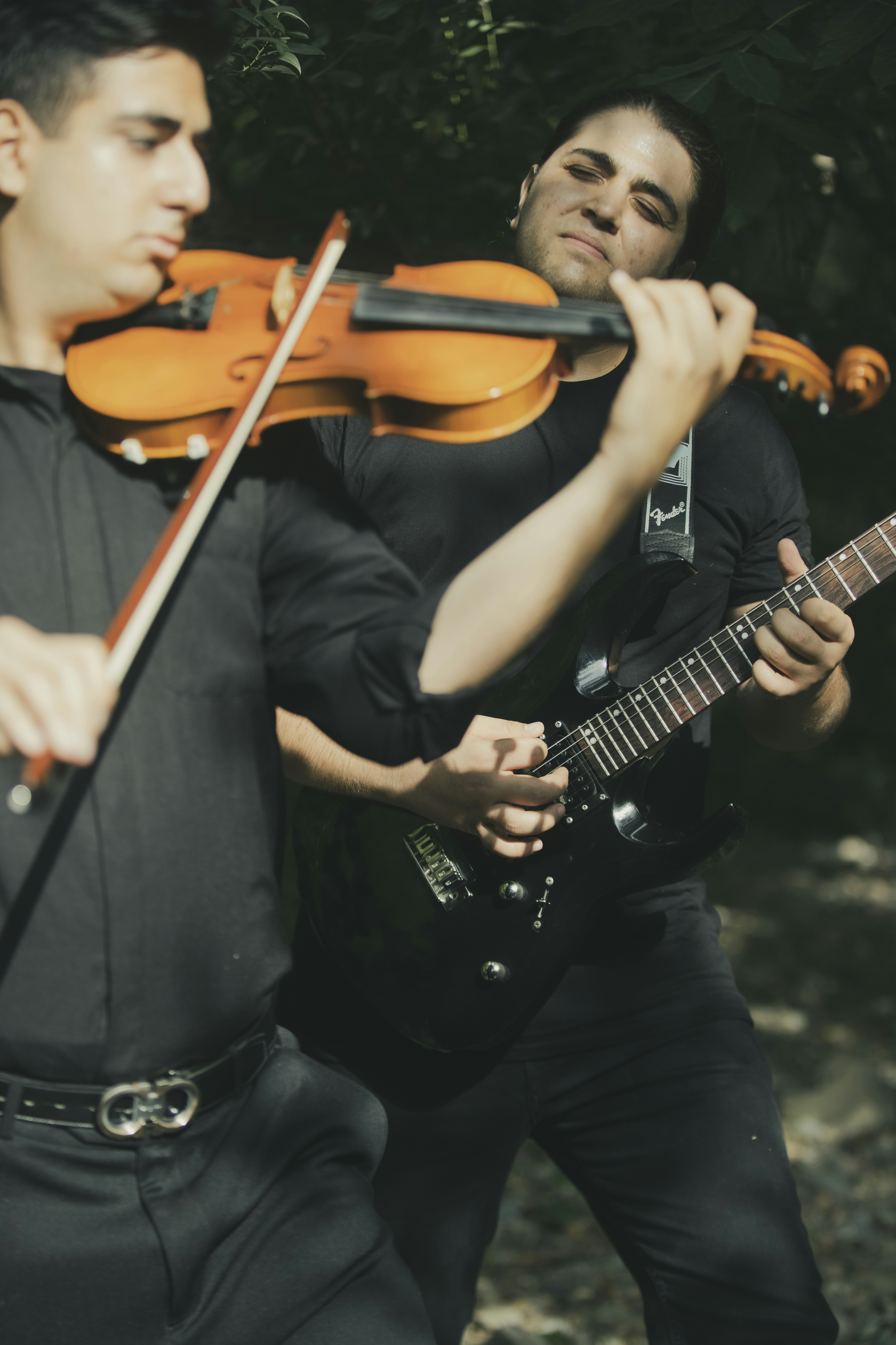 Forest Duet: A Bow in Motion Between Violin and Guitar