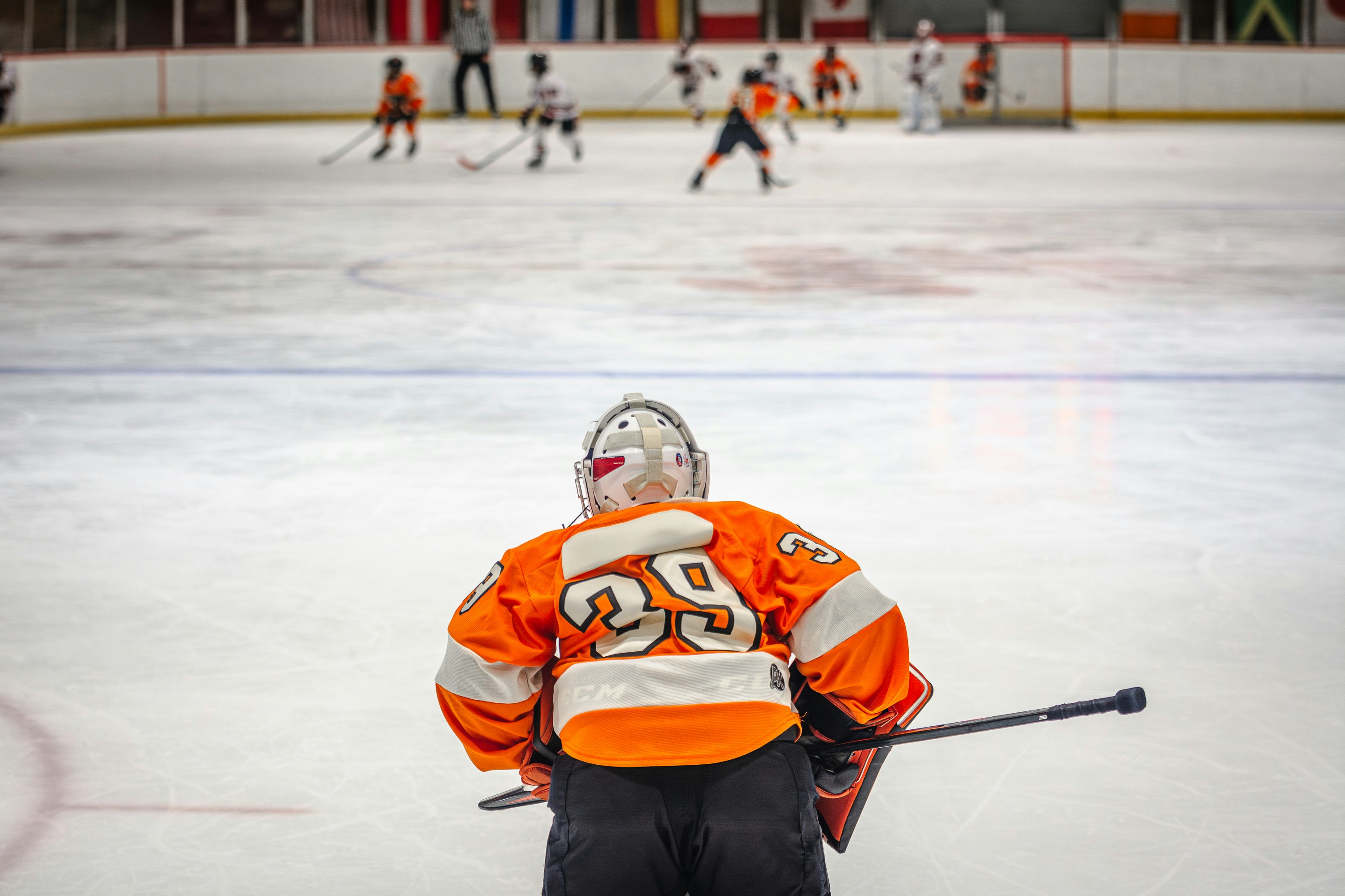 Ice hockey goalie watches the game in action.