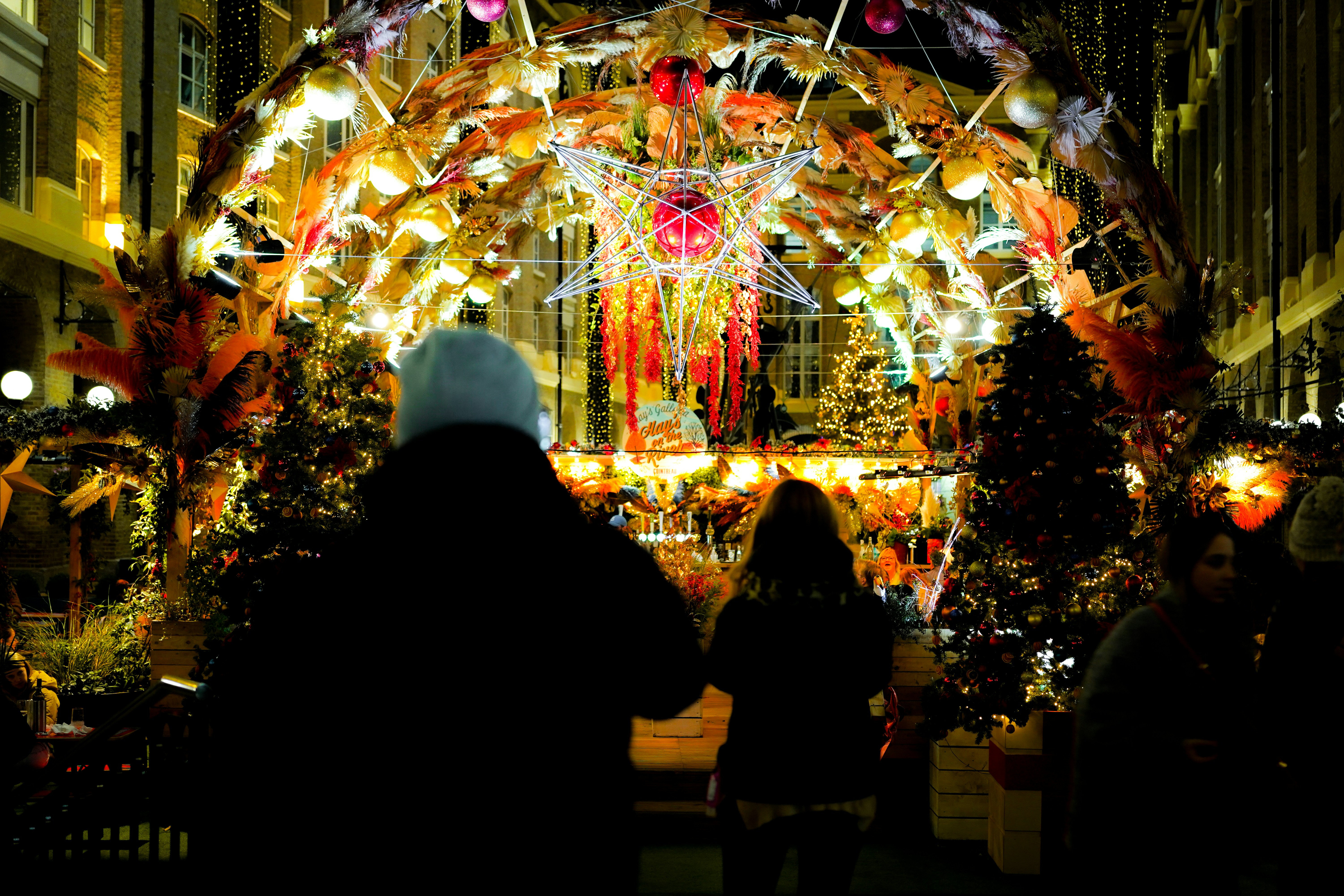 People gaze at illuminated christmas decorations.
