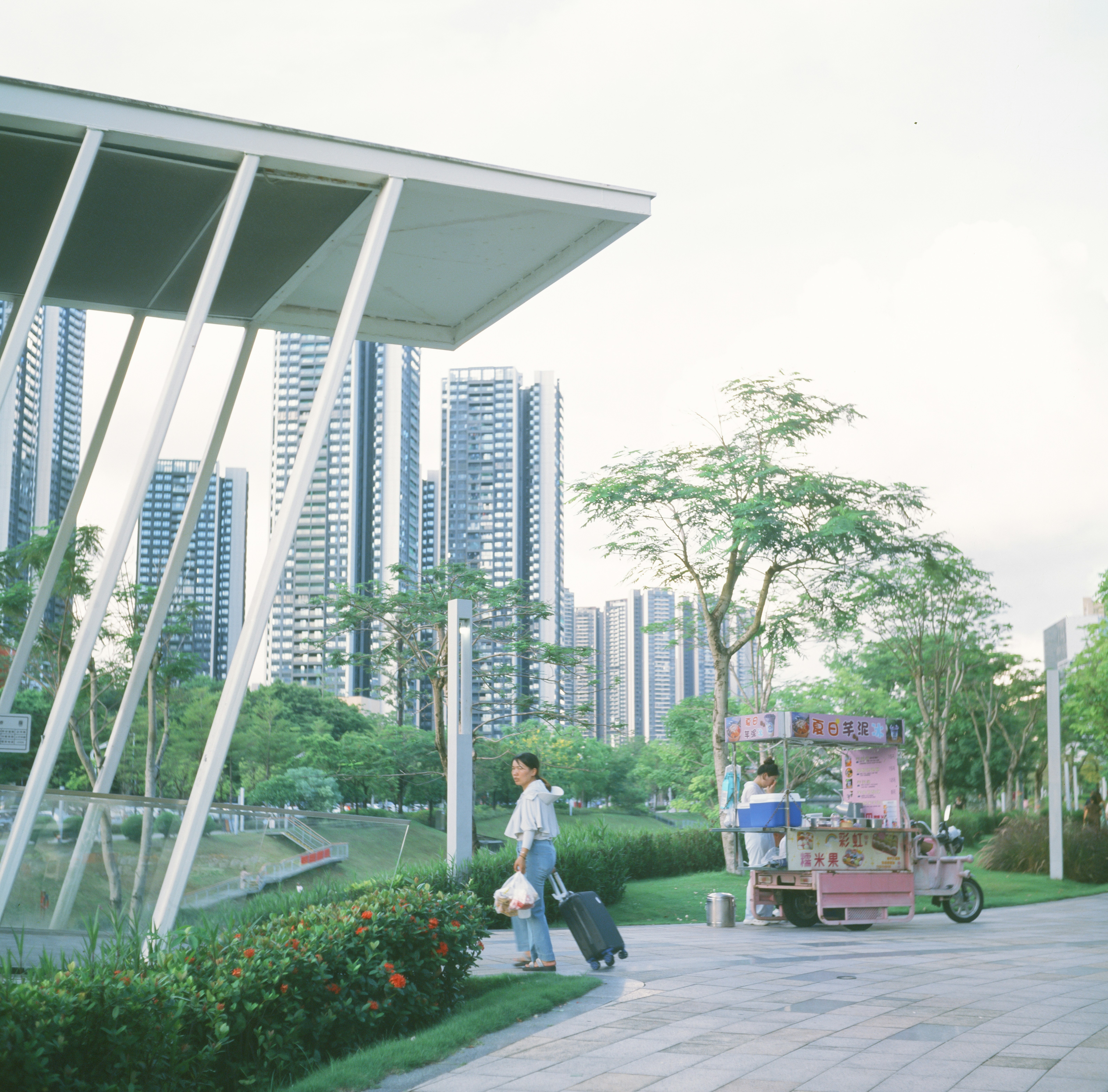 A woman walks near a food stand in a city park.