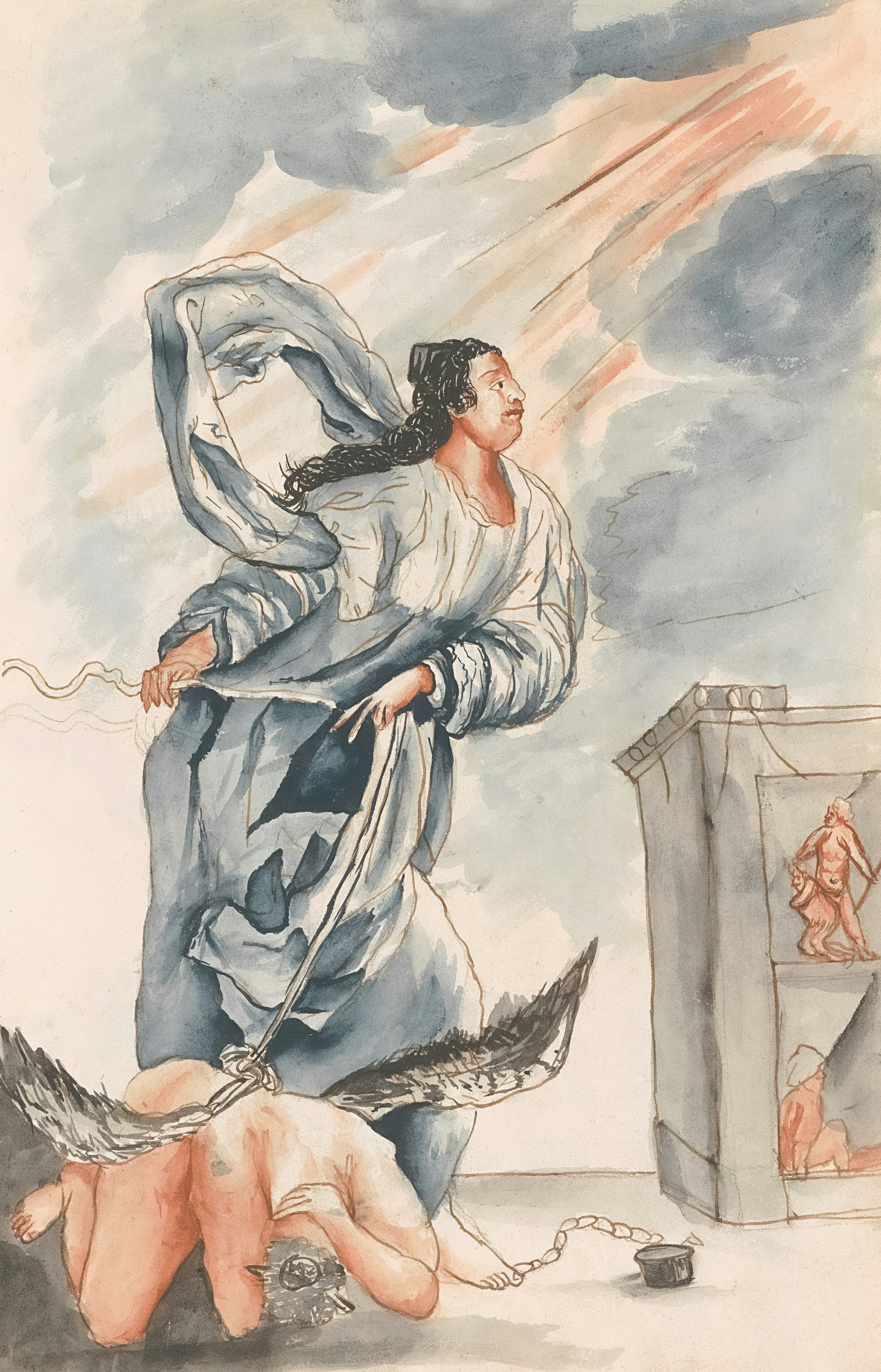 A dynamic watercolor illustration depicting a figure pulling a chained individual, symbolizing the tension between freedom and restraint.