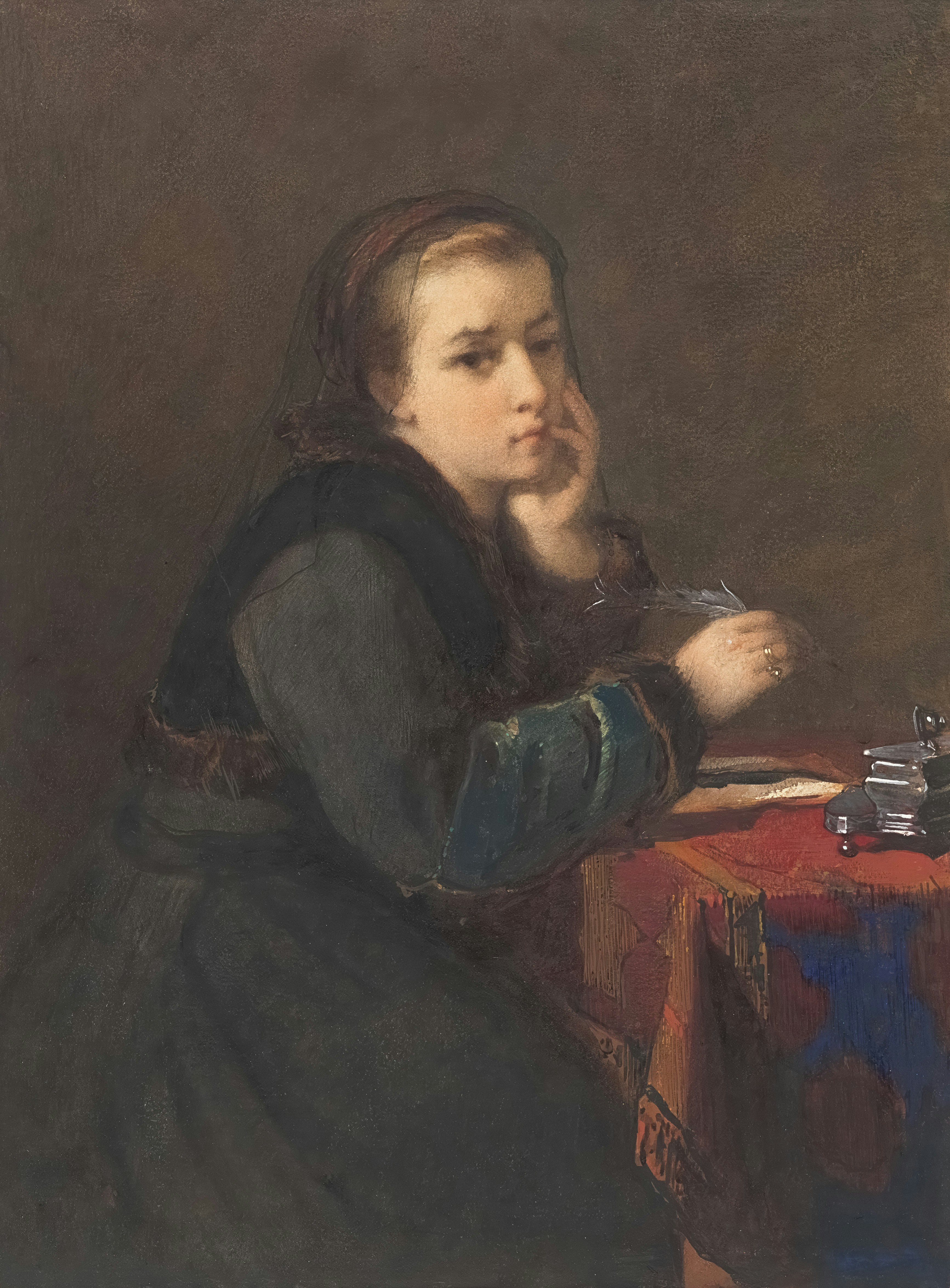 A pensive young woman resting her chin on her hand, seated at a table adorned with colorful textiles, immersed in thought.