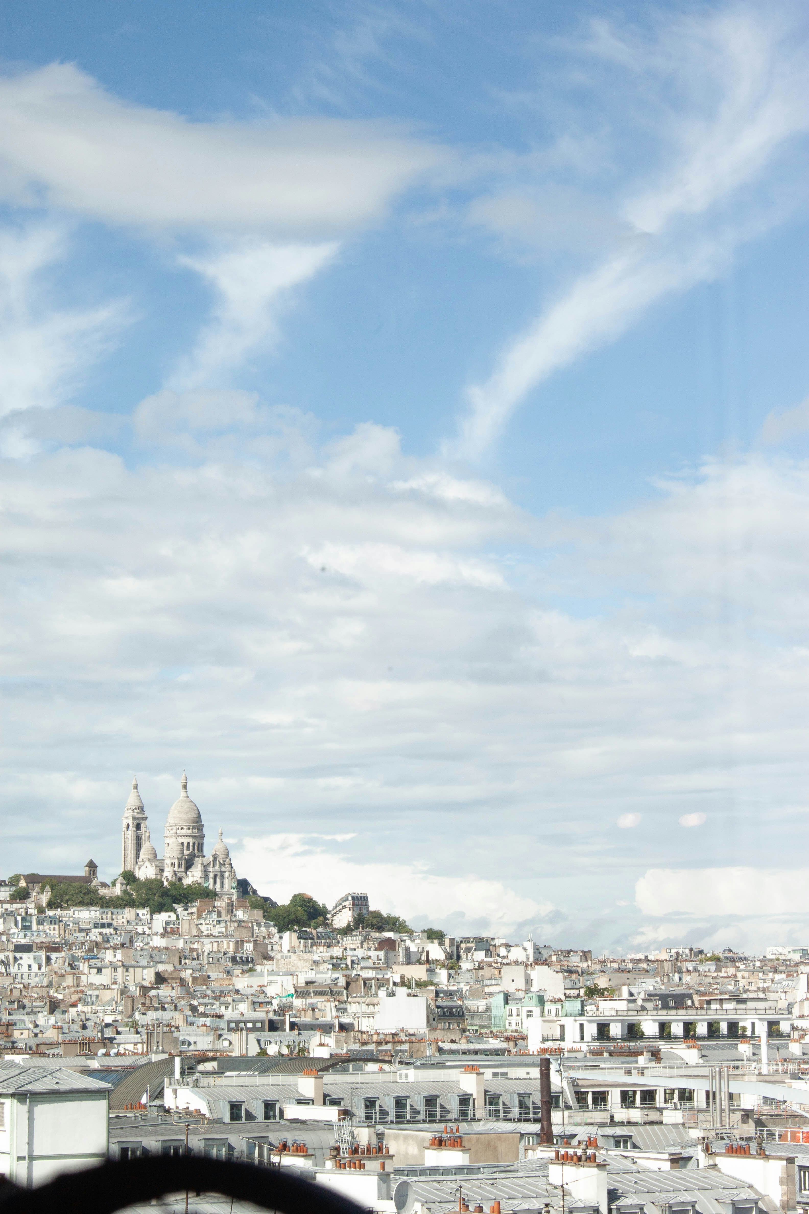 Panoramic view of Montmartre featuring the iconic Sacré-Cœur Basilica against a backdrop of a sprawling Parisian skyline.