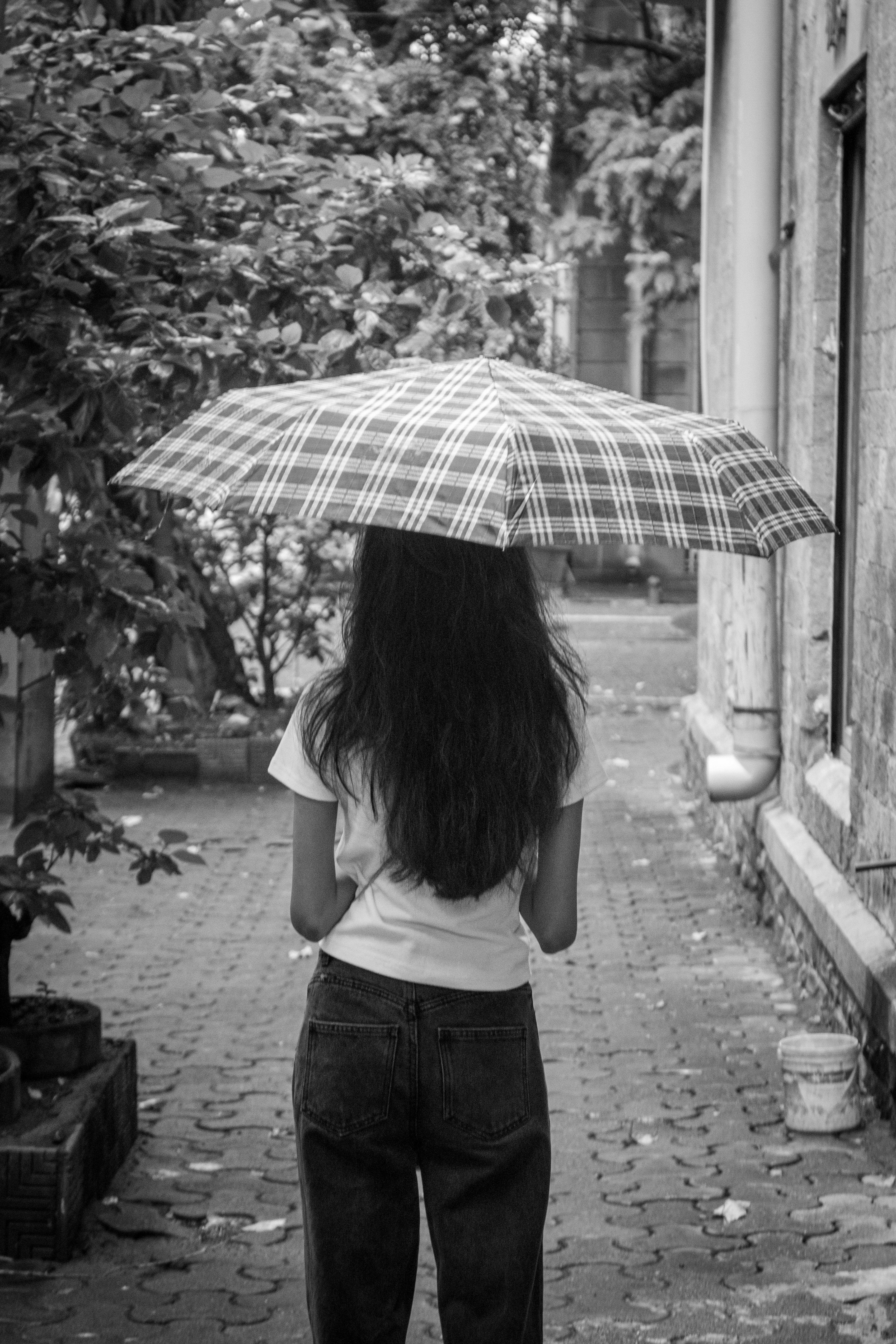 A girl standing with a plaid umbrella in her hand | Woman walks under an umbrella on a brick path.
