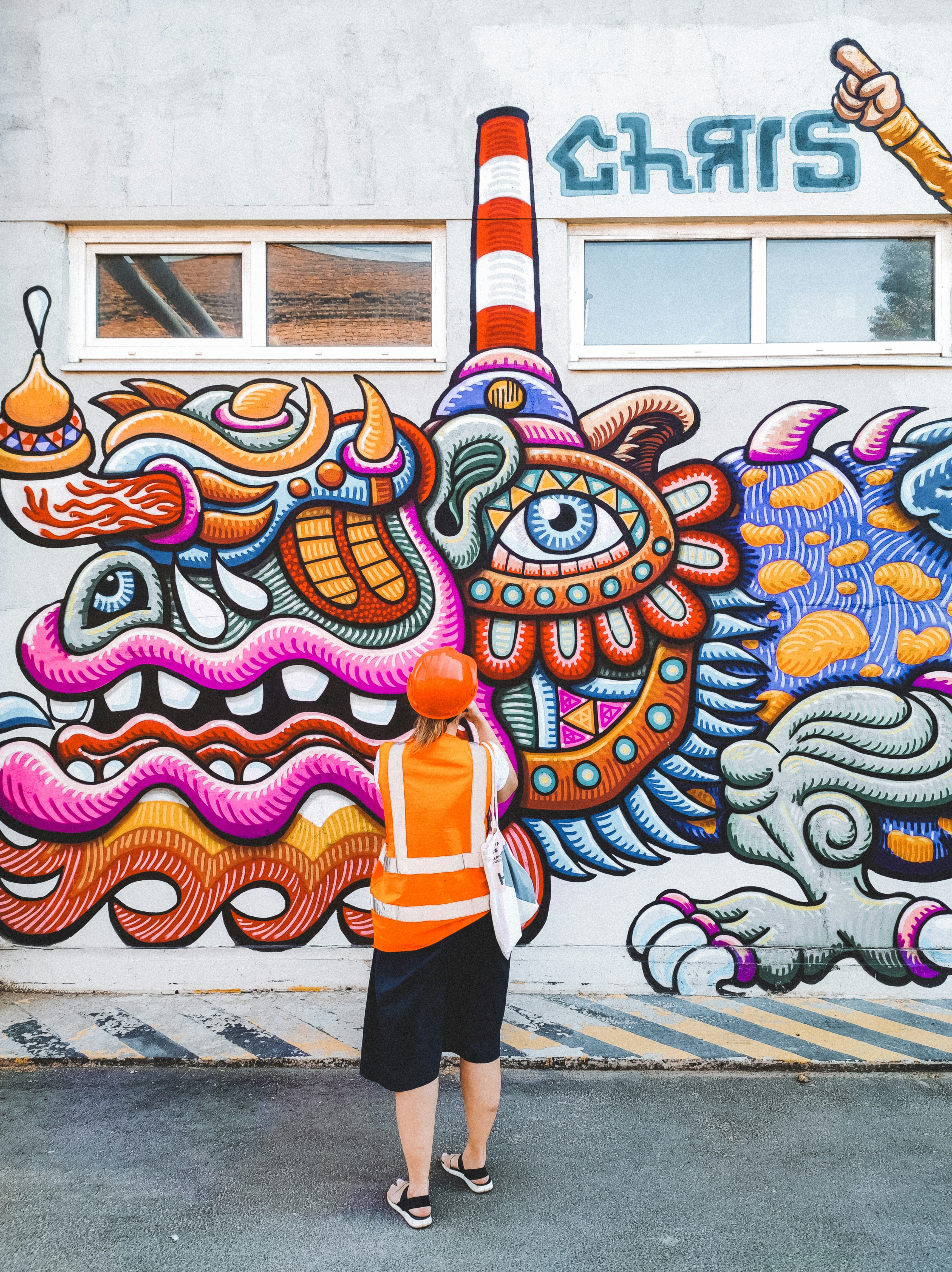 Woman Photographing Street Art Dragon | A person views a vibrant mural on a wall.