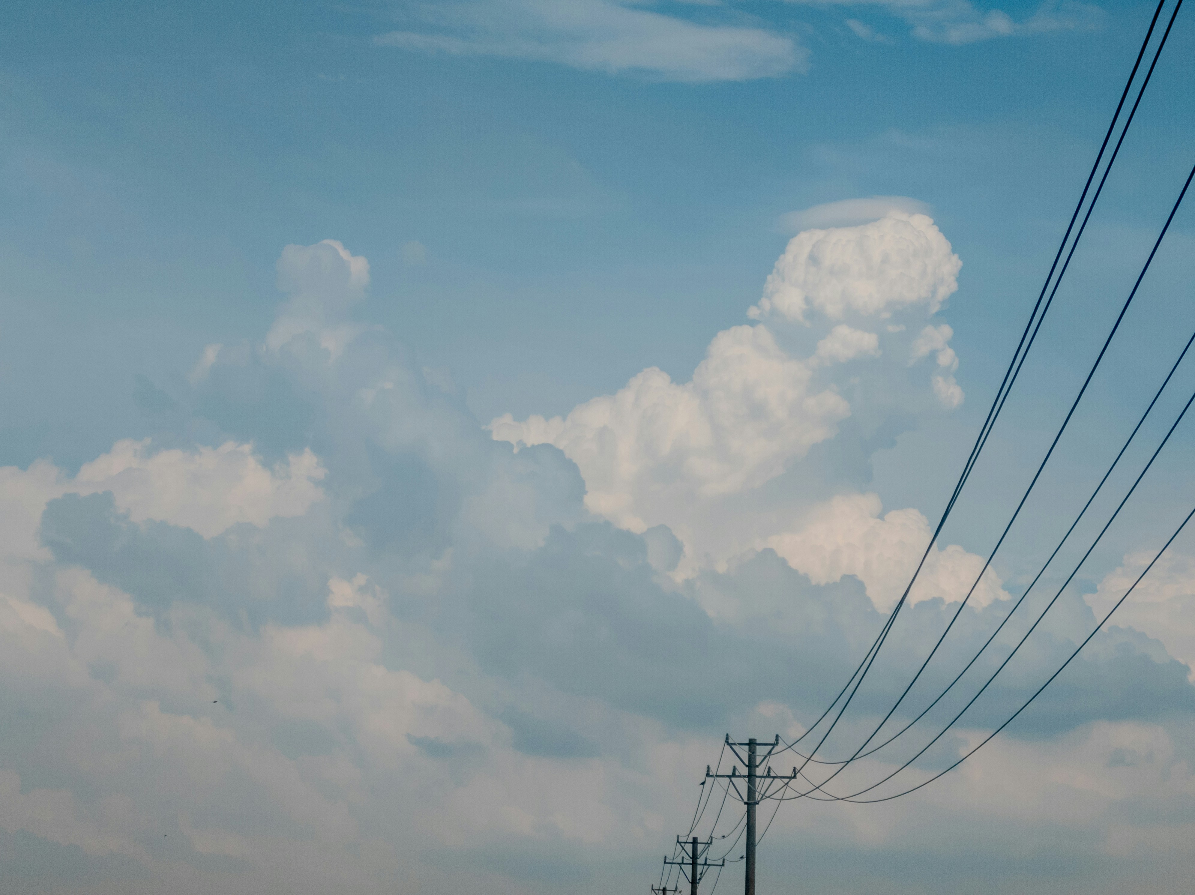 Fluffy white clouds billowing against a serene blue sky, framed by power lines stretching into the distance.