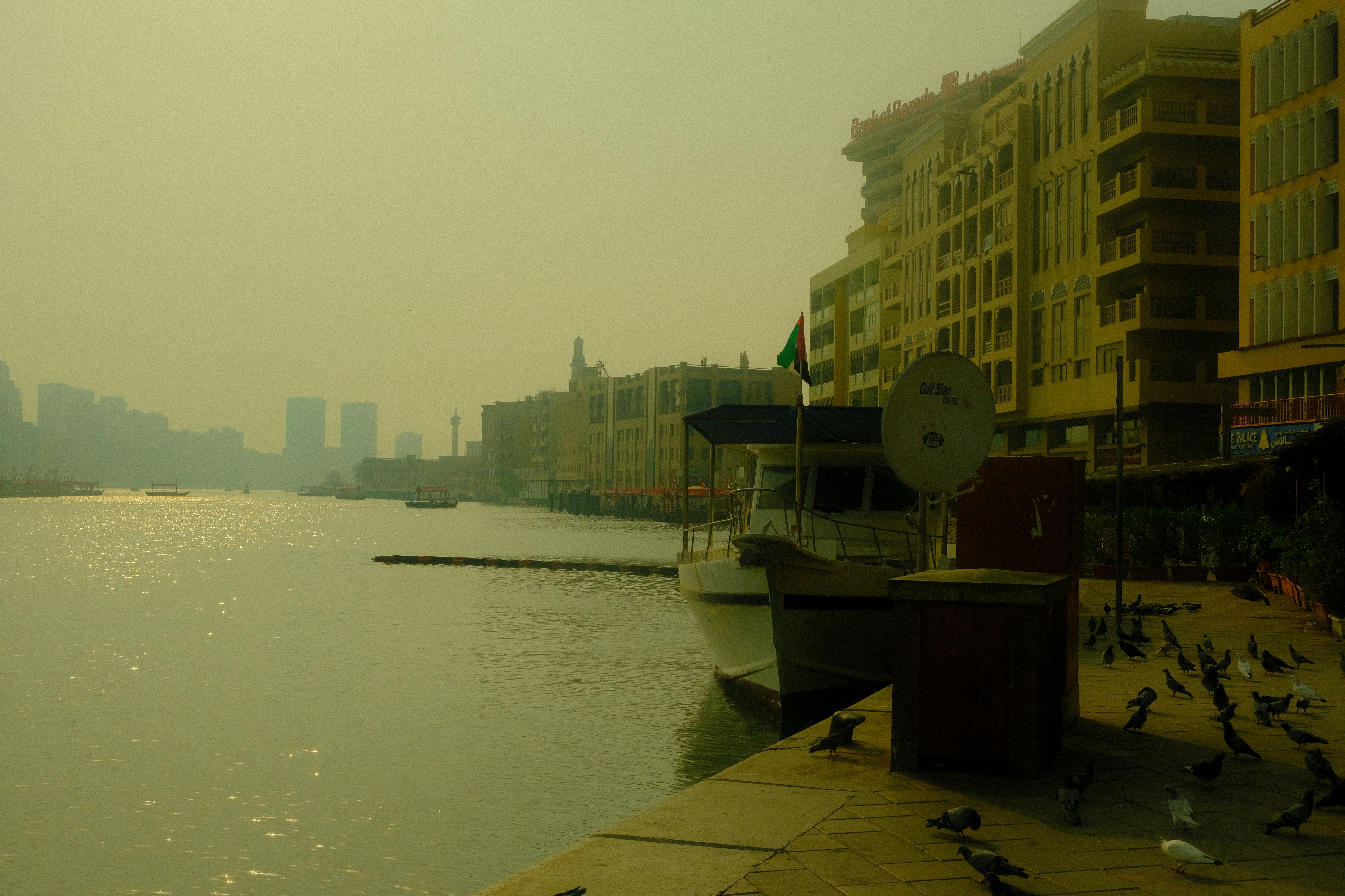 A foggy waterfront scene with buildings.