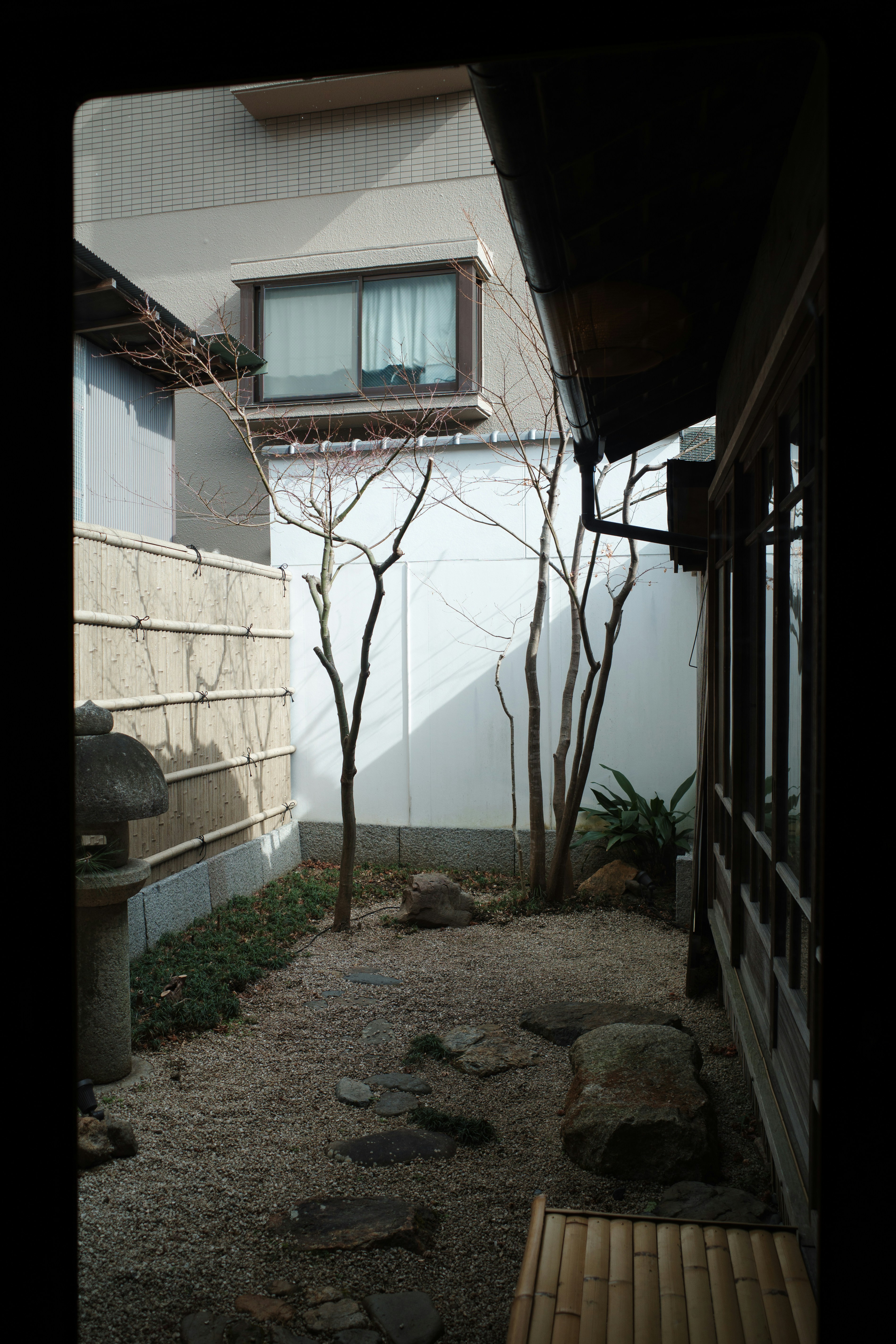 An intimate japanese garden is quietly nestled.