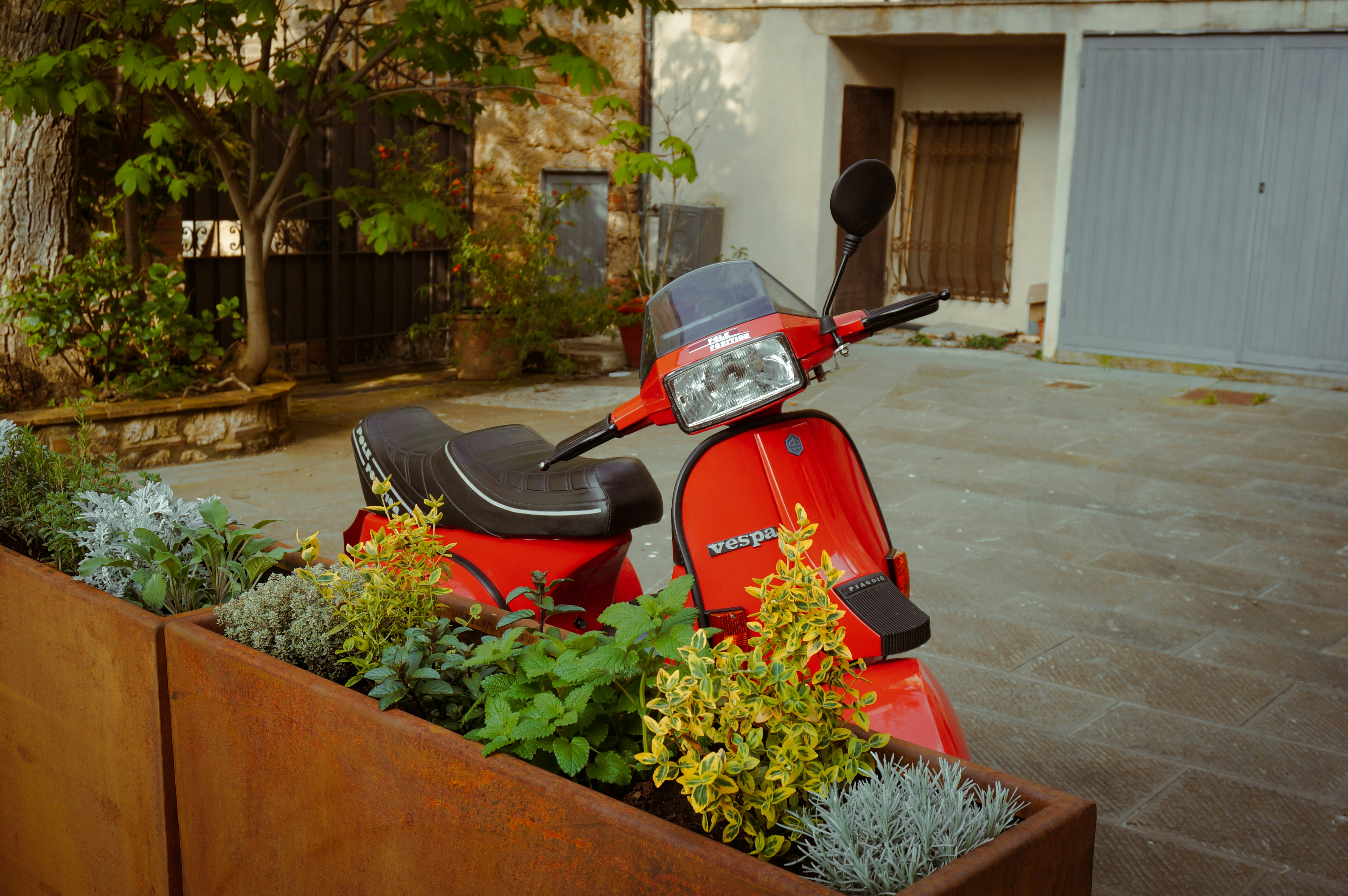 Italian Summer 🇮🇹 | A red scooter rests beside a flower bed.