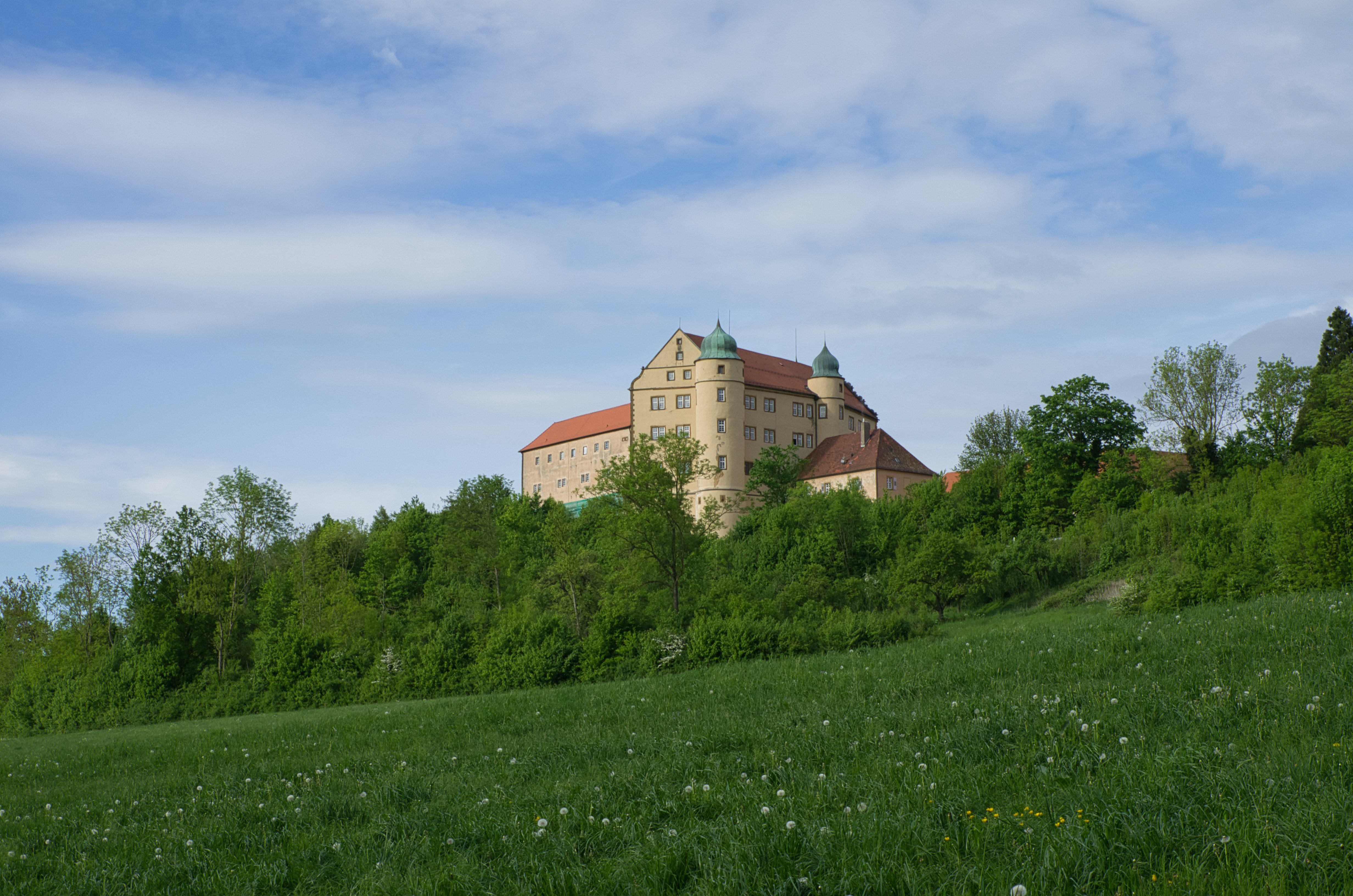 The image shows the romantic silhouette of Kapfenburg Castle resting on a hill in the distance, framed by a lush, vibrant green meadow in the foreground. The soft light and natural beauty create a peaceful and almost fairytale-like atmosphere. | A castle rests on a hillside with greenery.