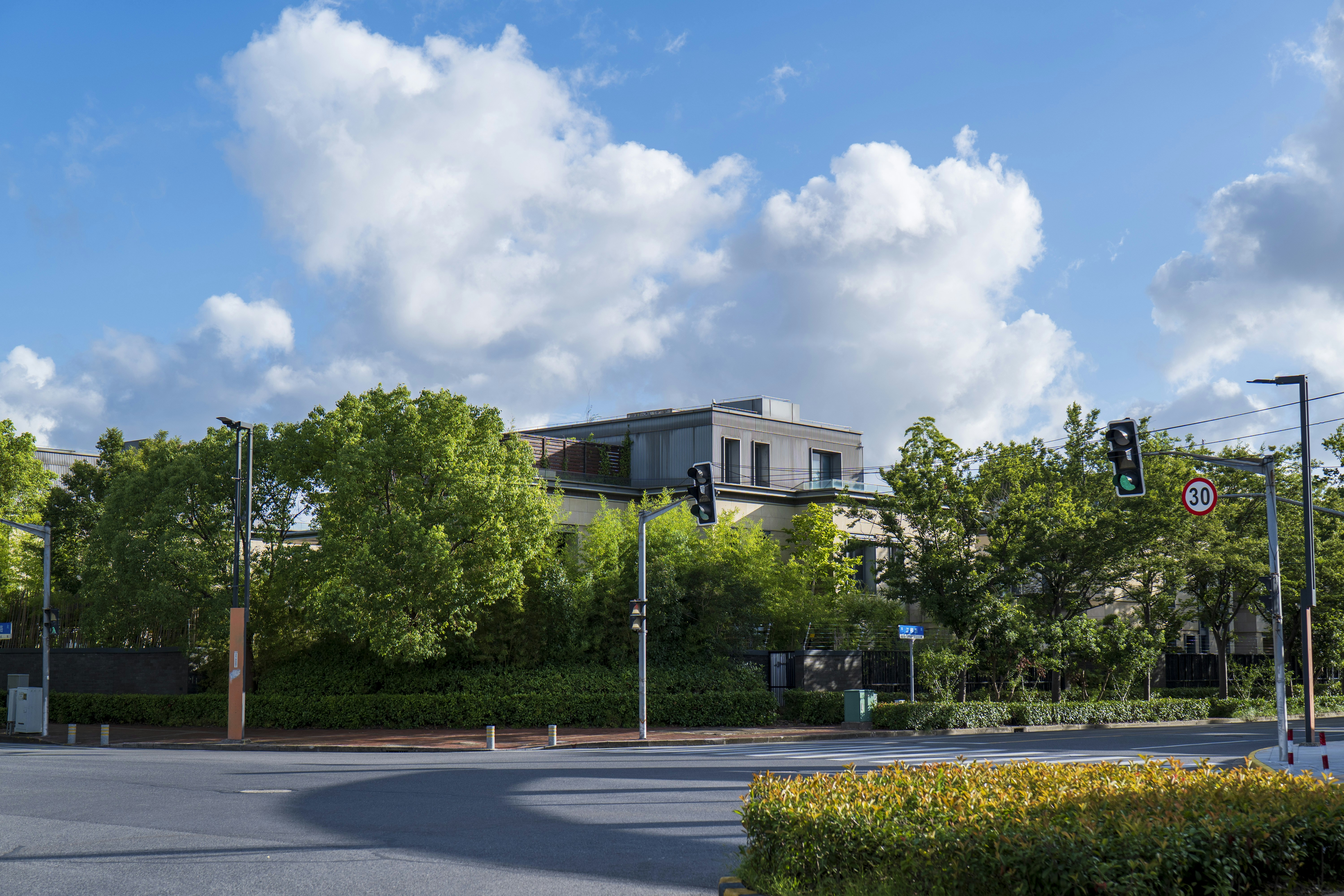 Building and trees beneath a cloudy sky.