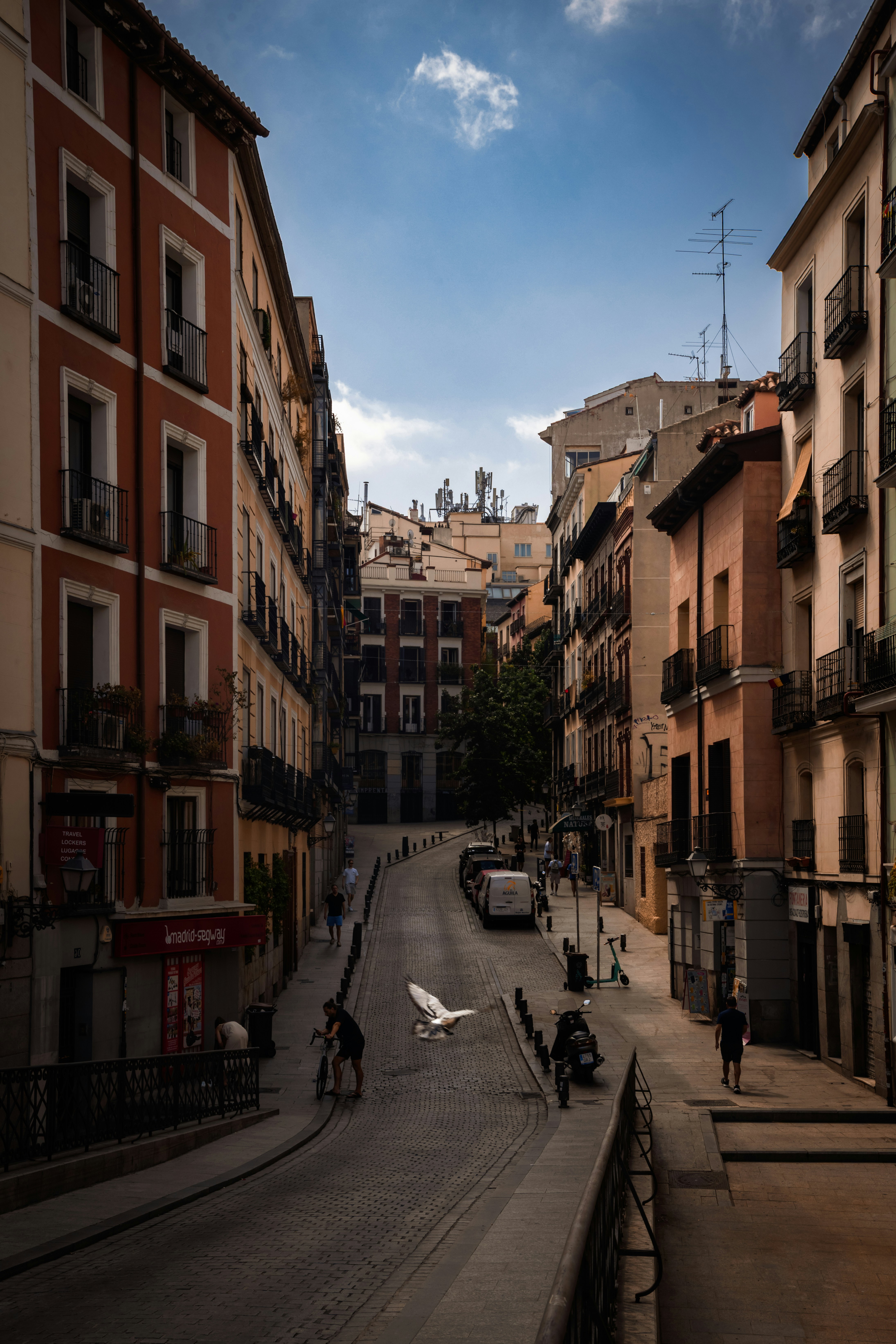 A serene street scene showcasing charming buildings and a winding cobblestone path, with pedestrians and a bird in flight. The atmosphere captures the essence of city life in a tranquil moment.