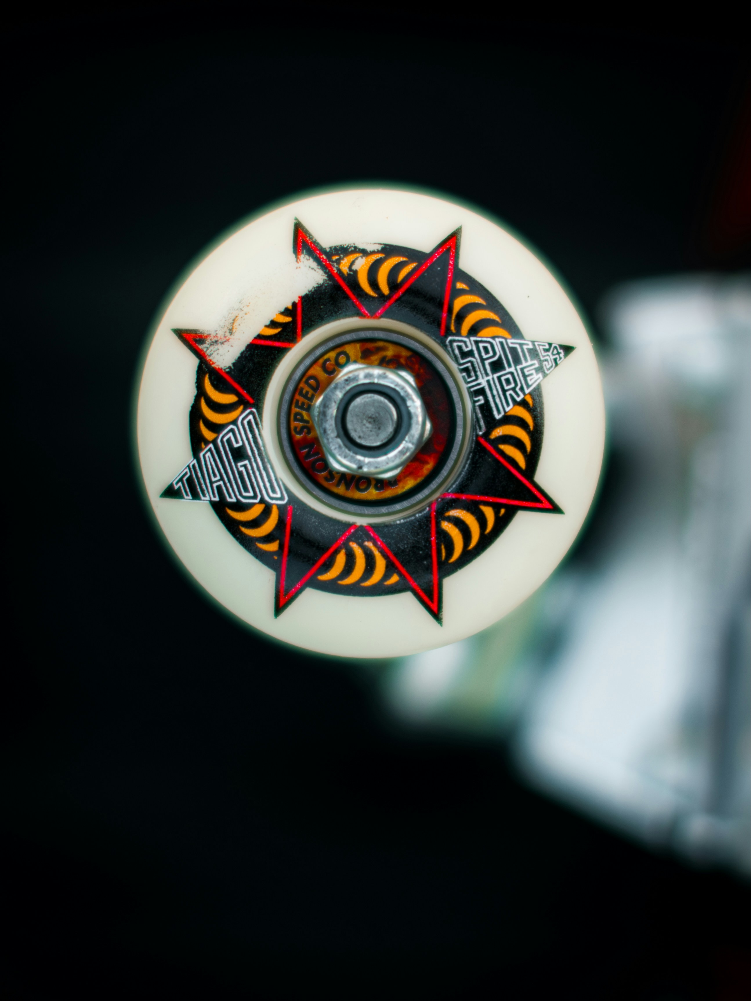 A close-up shot of a skateboard wheel.