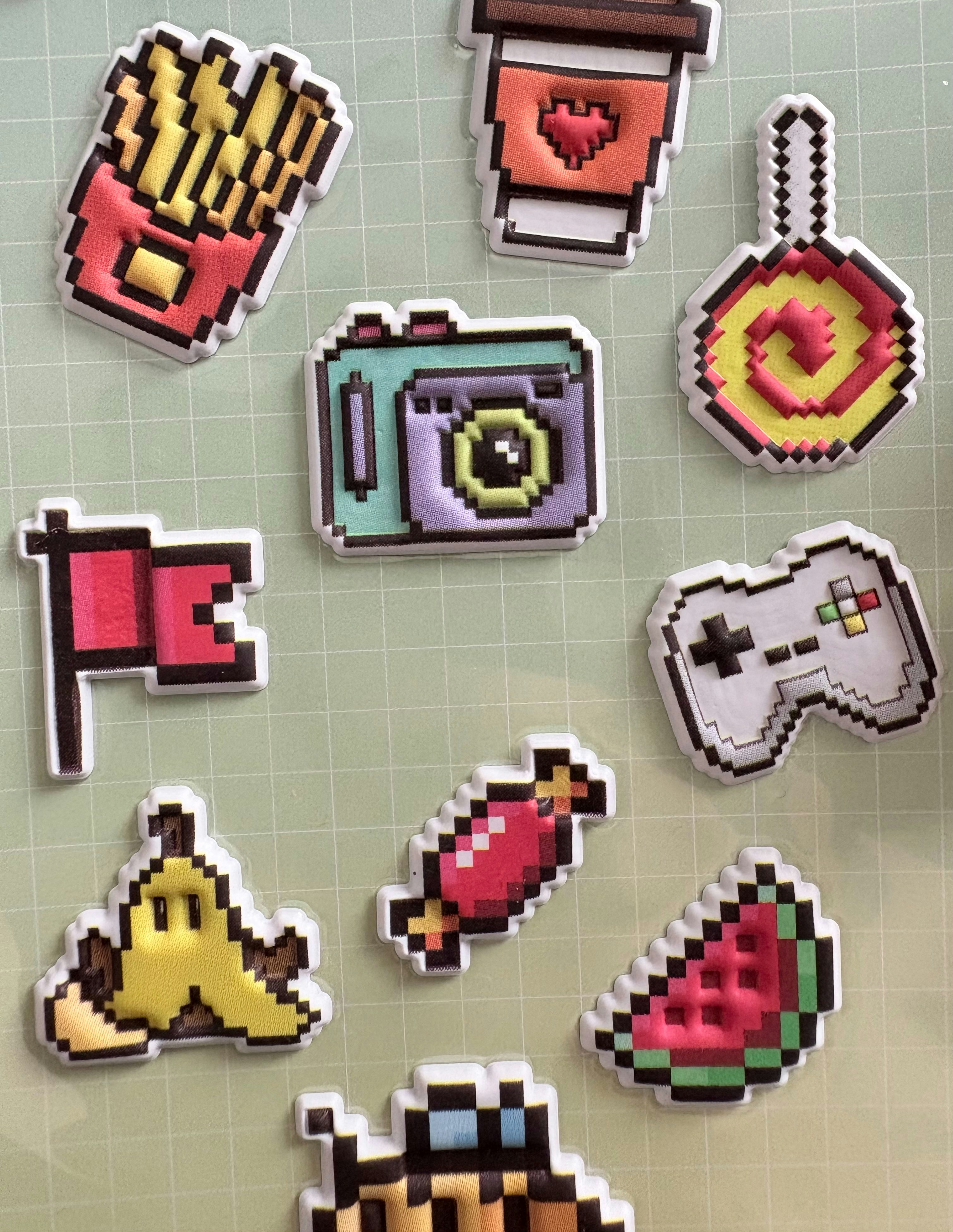 Pixelated food and accessories are shown.