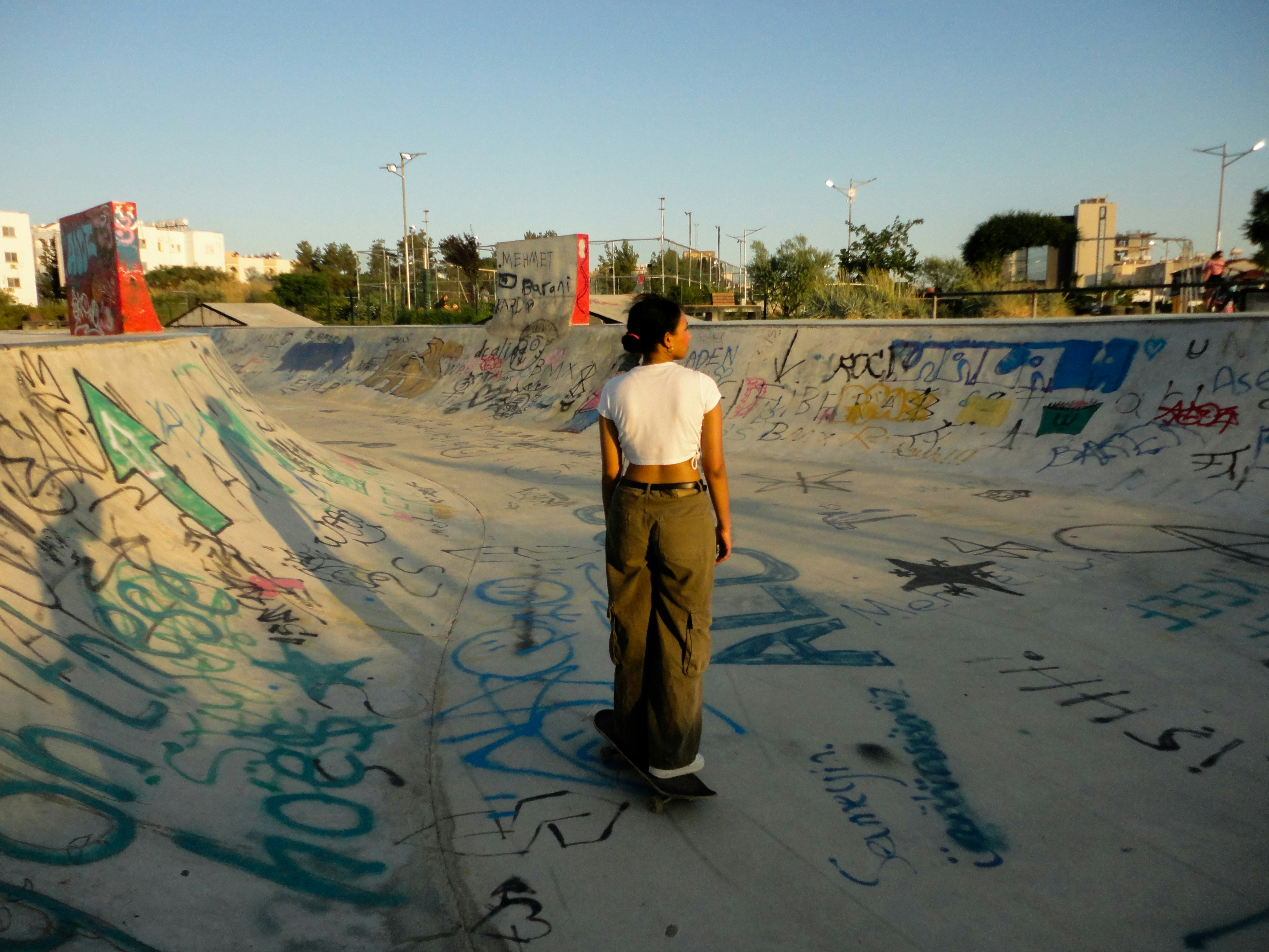 A person stands on a skateboard in a bowl.