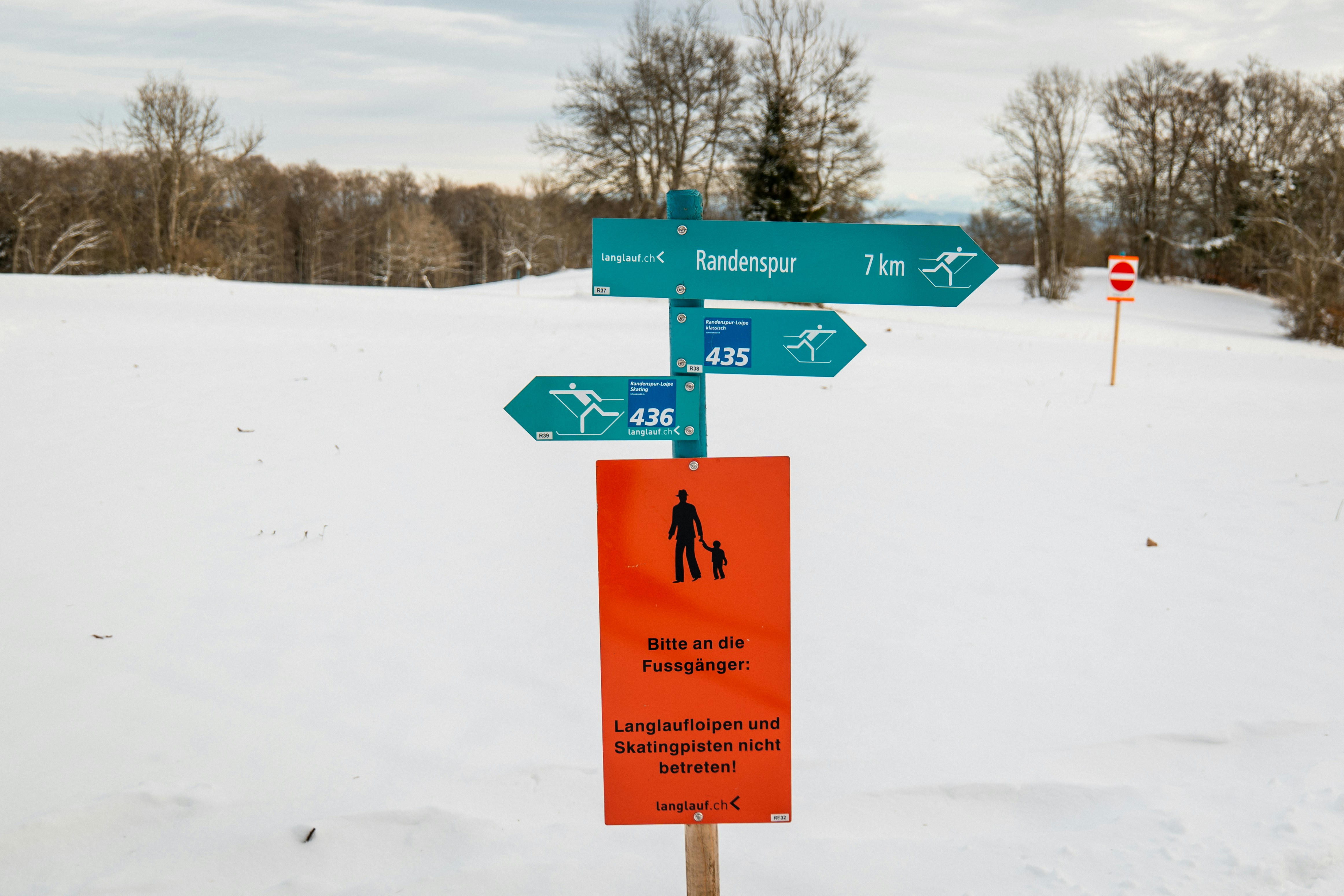 Snowbound Signpost Junction: An Orange Pedestrian Warning Amid Blue Trail Arrows