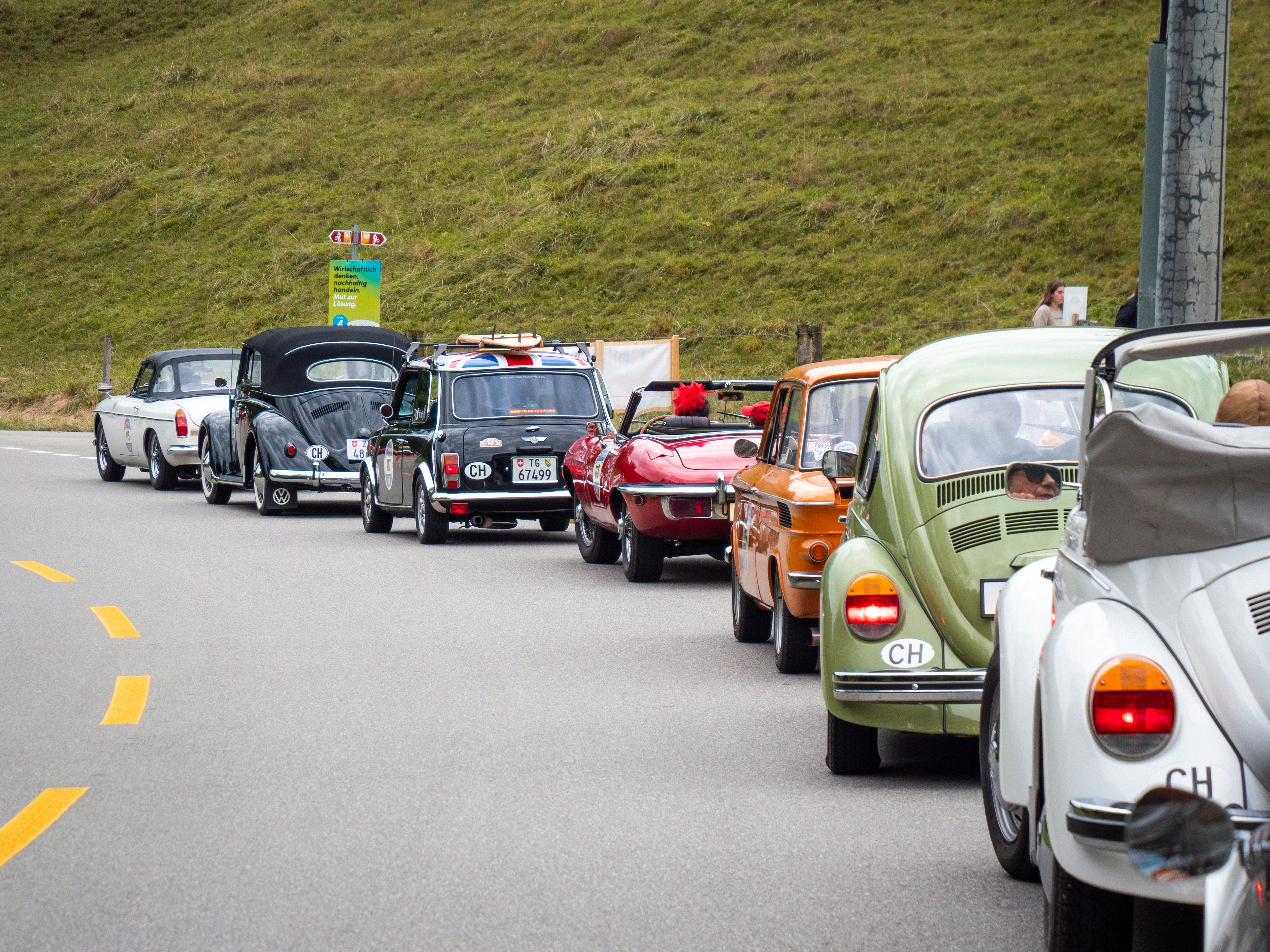 A lineup of classic cars parked along a winding road, showcasing a variety of vintage designs and vibrant colors.