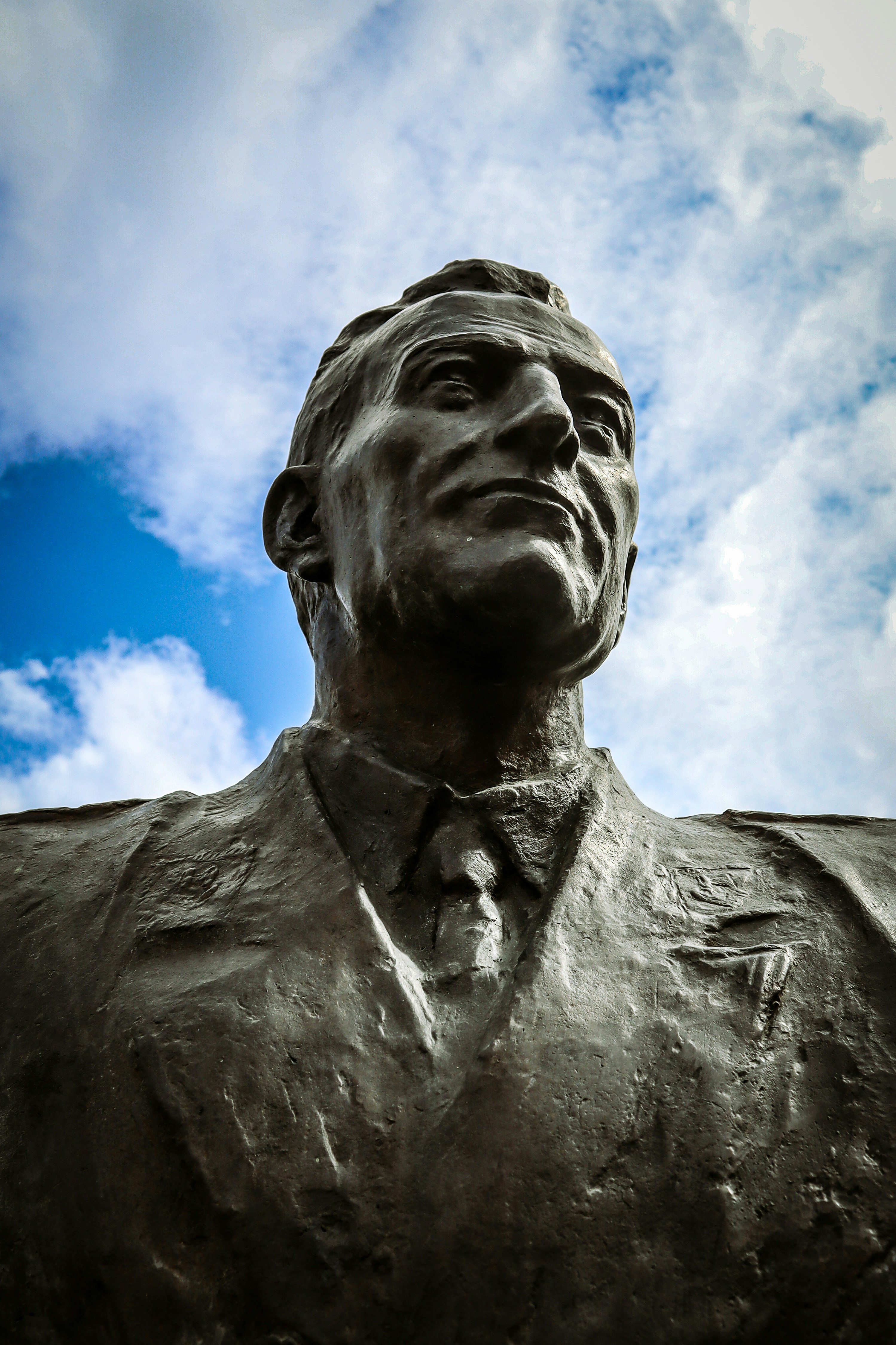 A bronze statue gazes towards the sky.