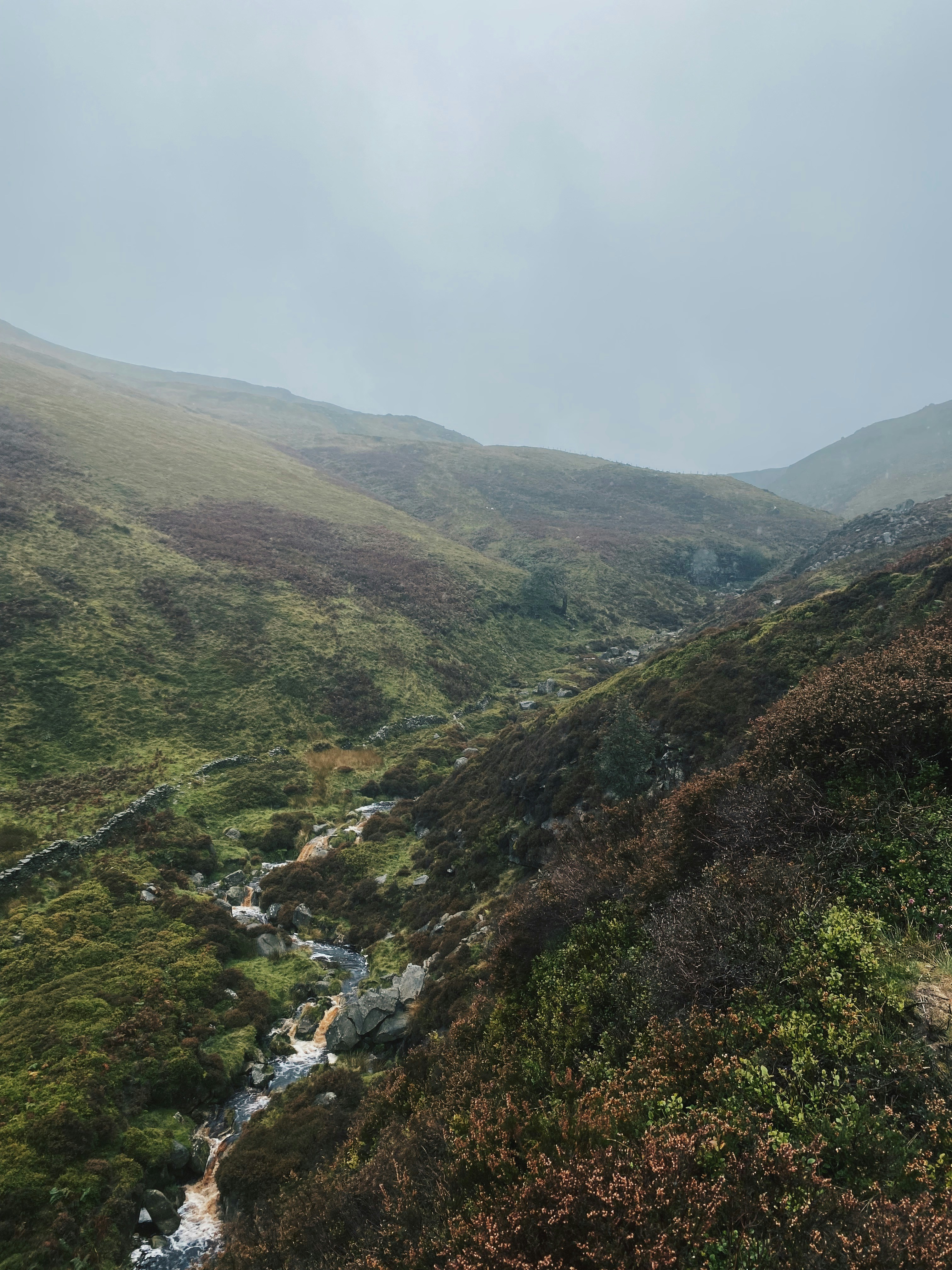 Foggy mountain landscape with a stream running through.