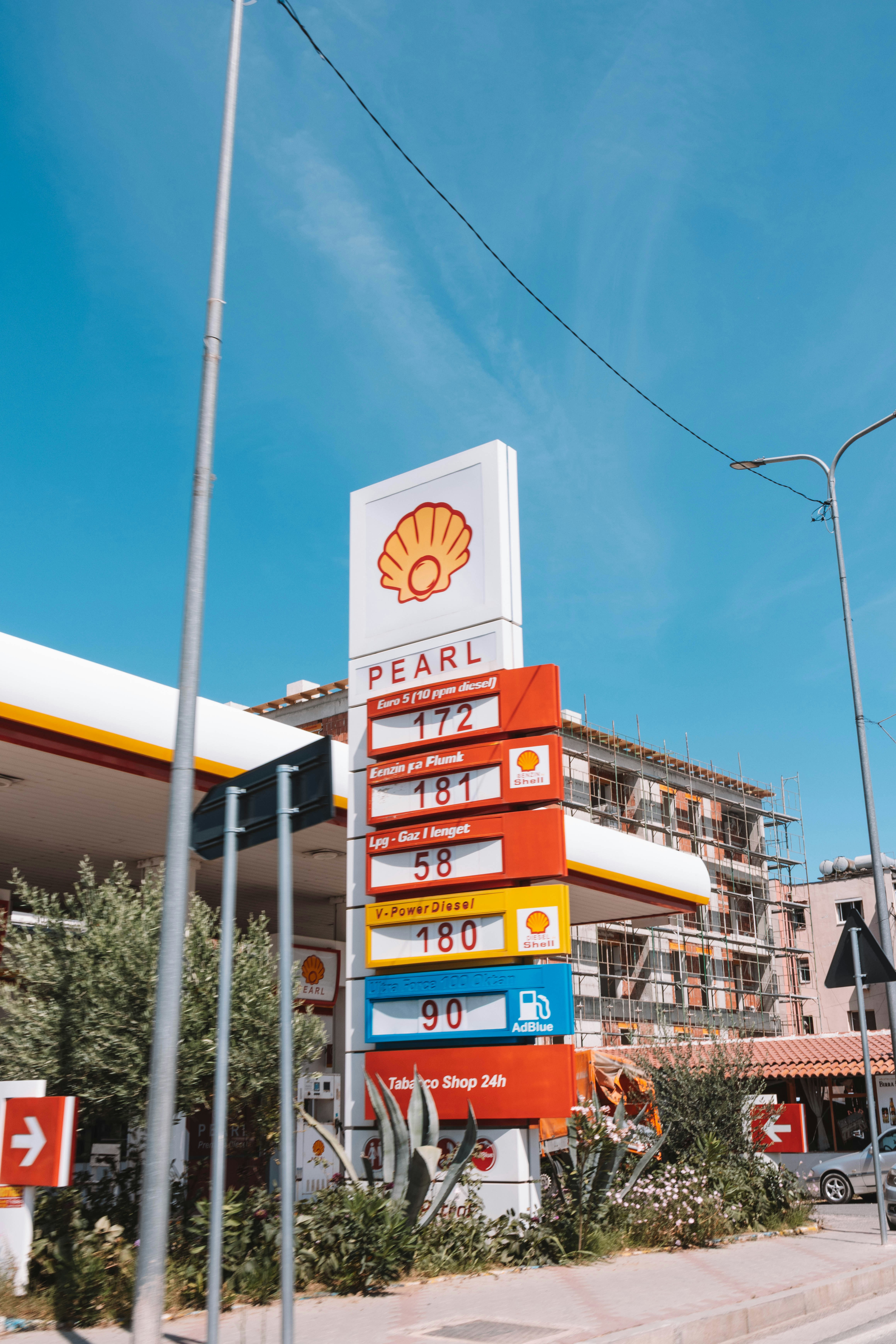 Shell gas station displays prices for fuel.