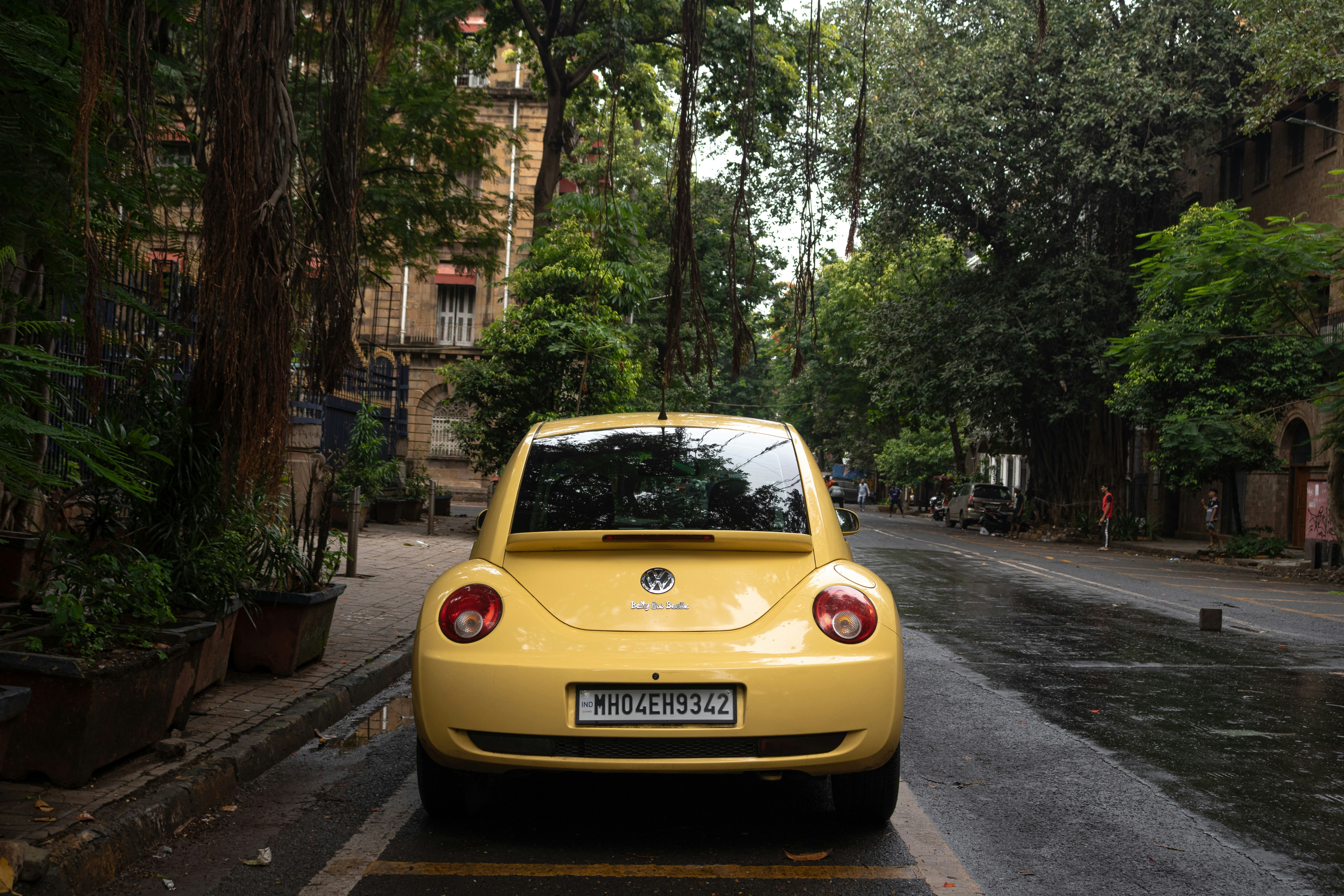 Yellow beetle car parked on a tree-lined street. photo – Free Wallpaper ...