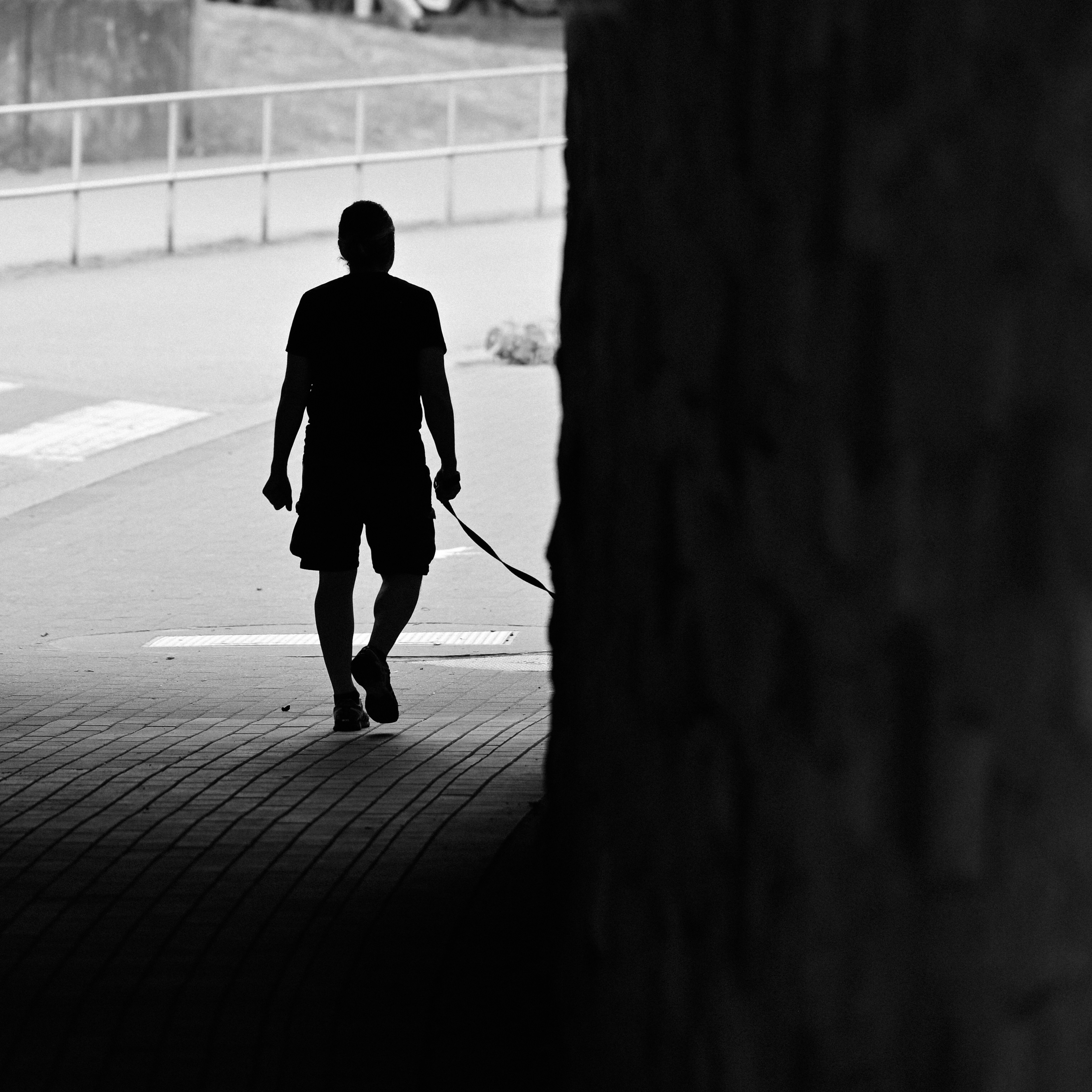 A person walks dog in a dark tunnel.