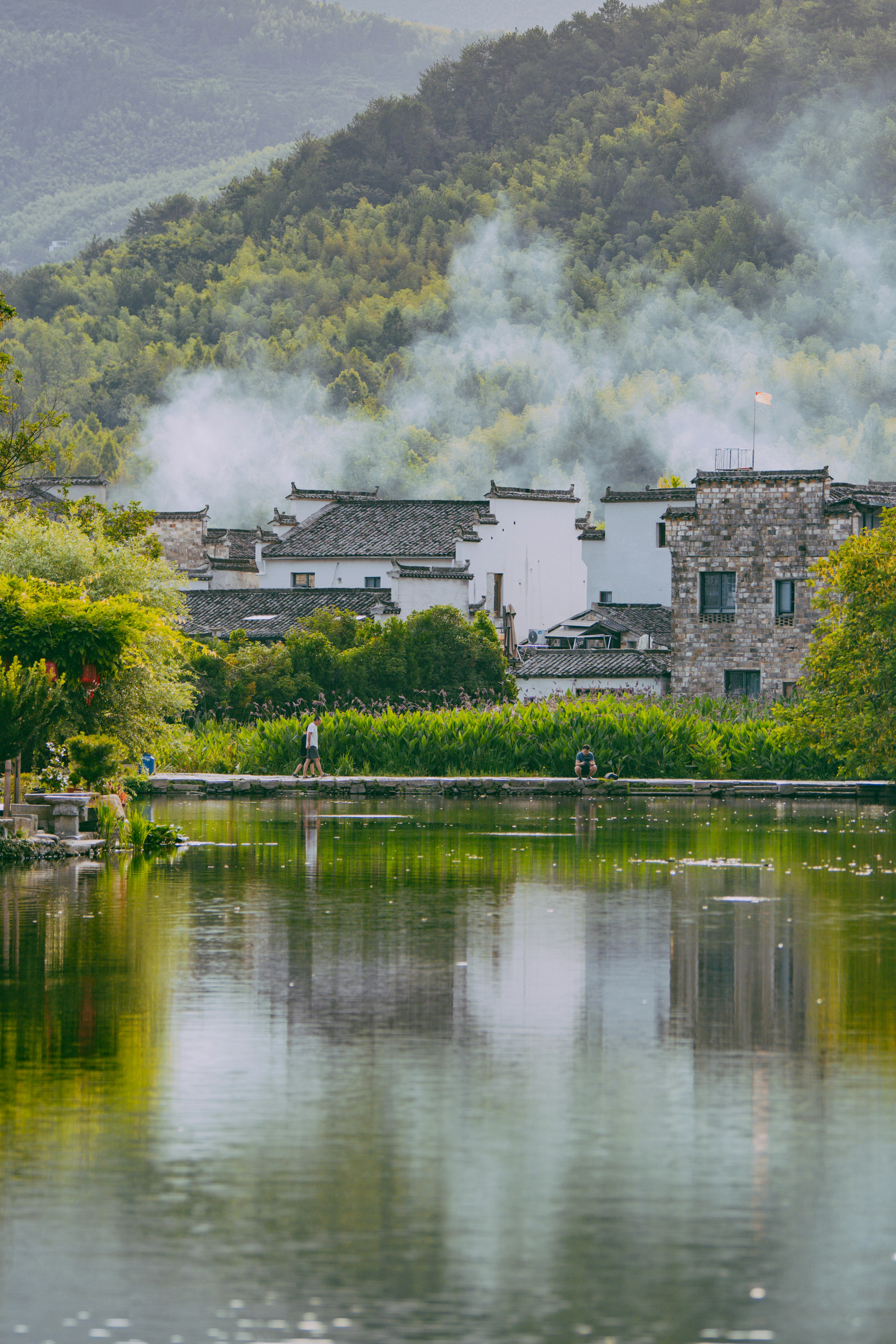 Steam over White-walled Village by the Quiet Reservoir