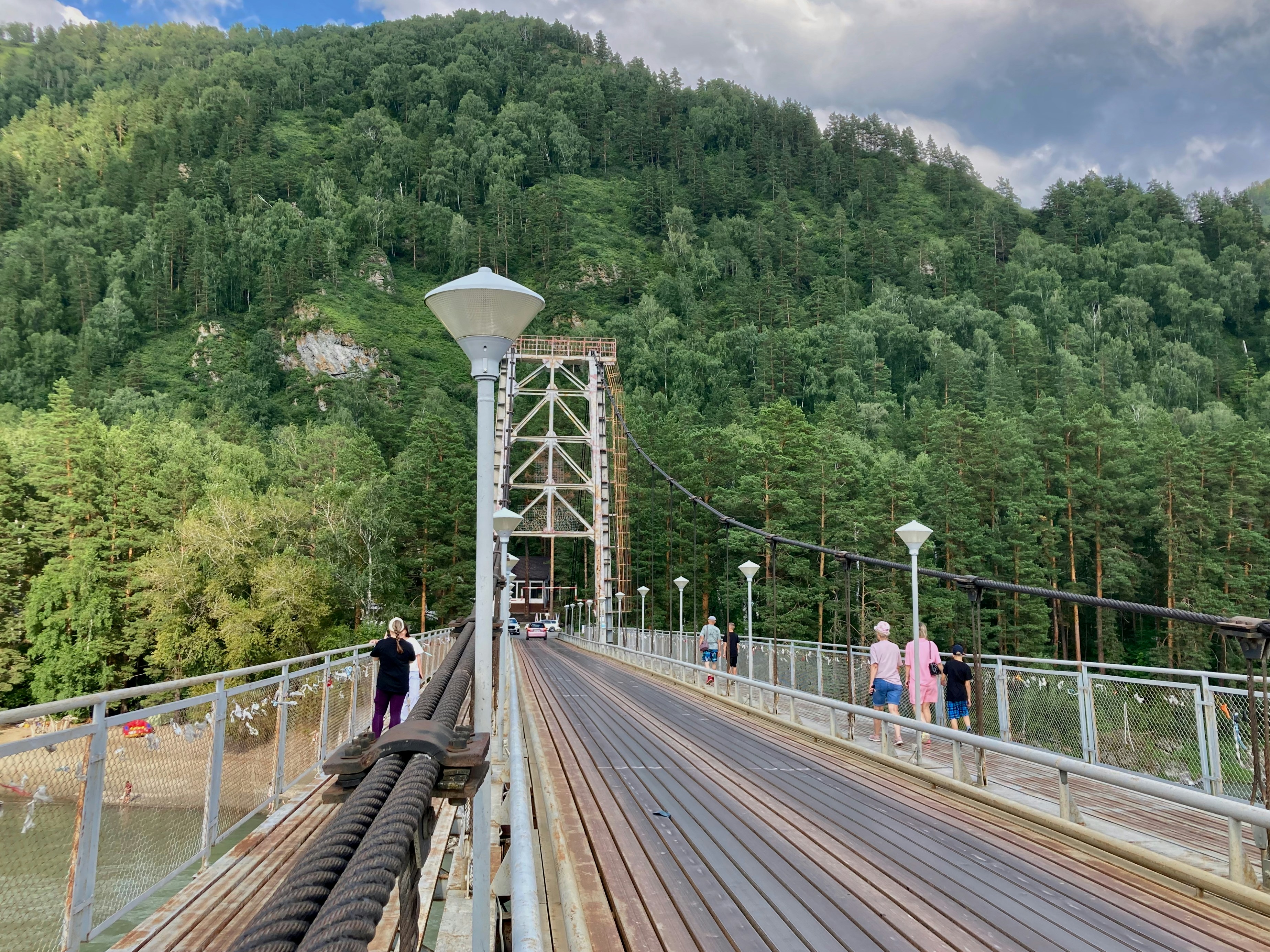 Pedestrian Span: People on a Suspension Bridge Framed by Forested Gorge