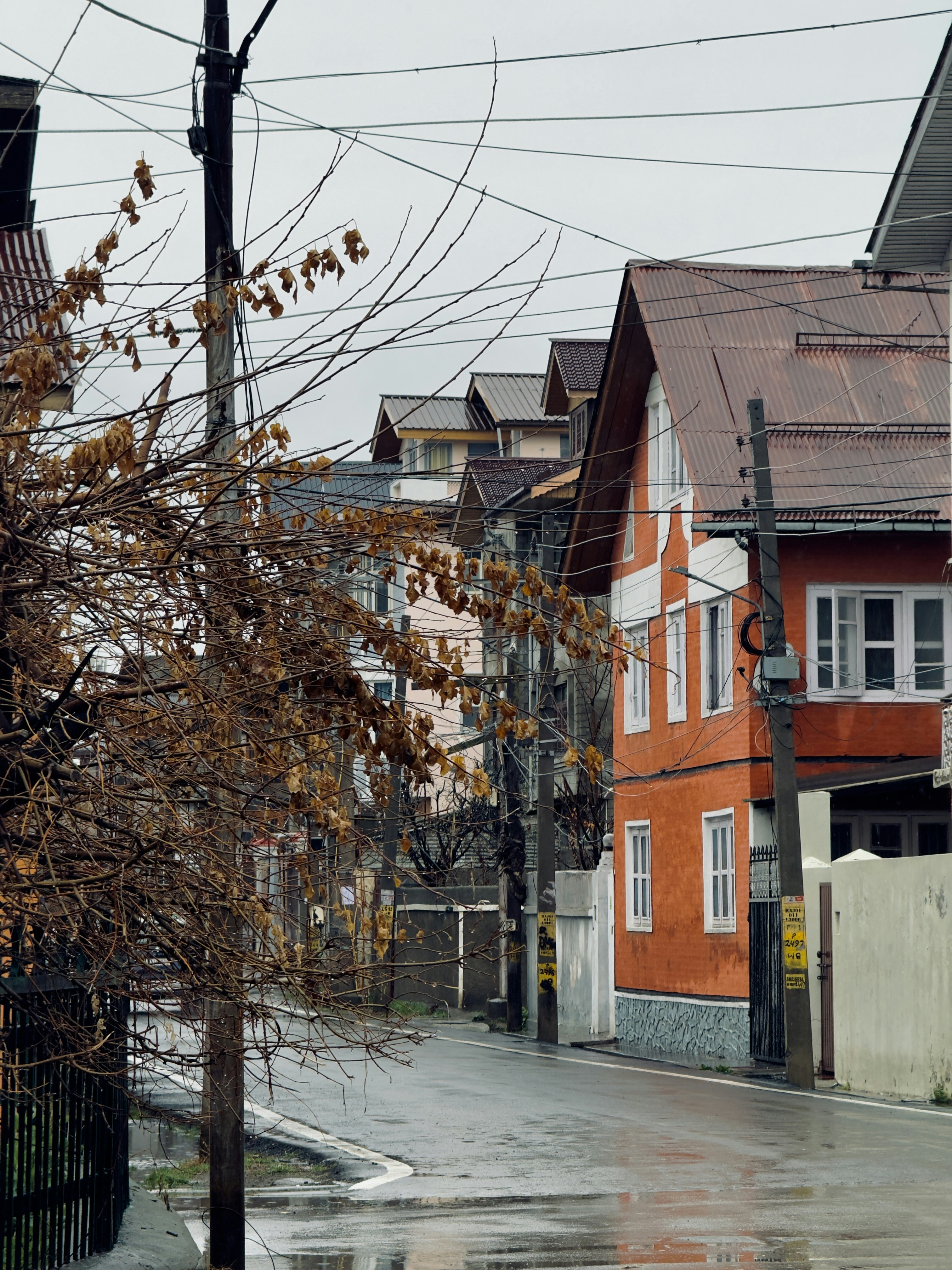 A street with colorful houses on a rainy day.