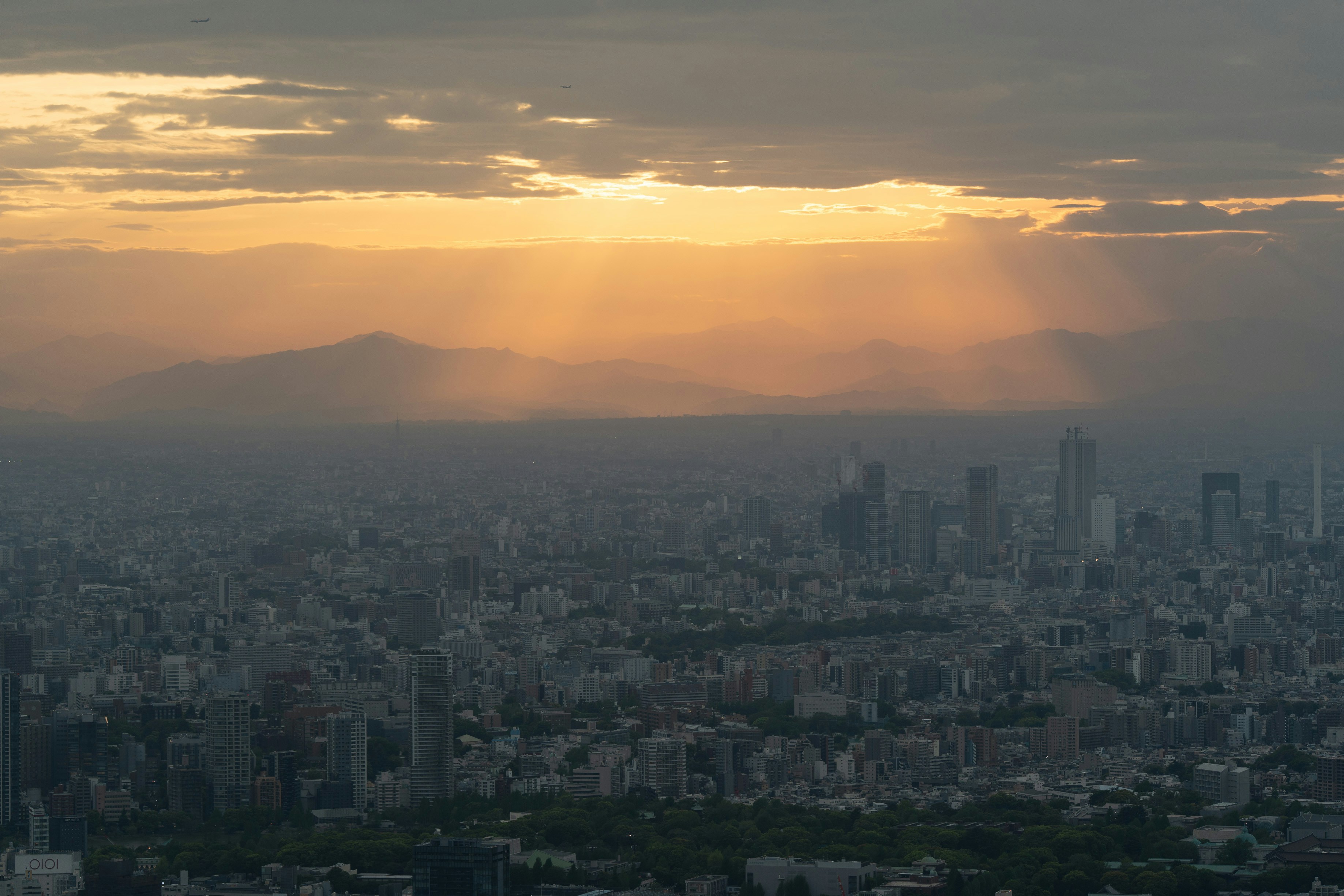 View from Tokyo tower at sunet over the city | Cityscape at sunset with beautiful beams of light.