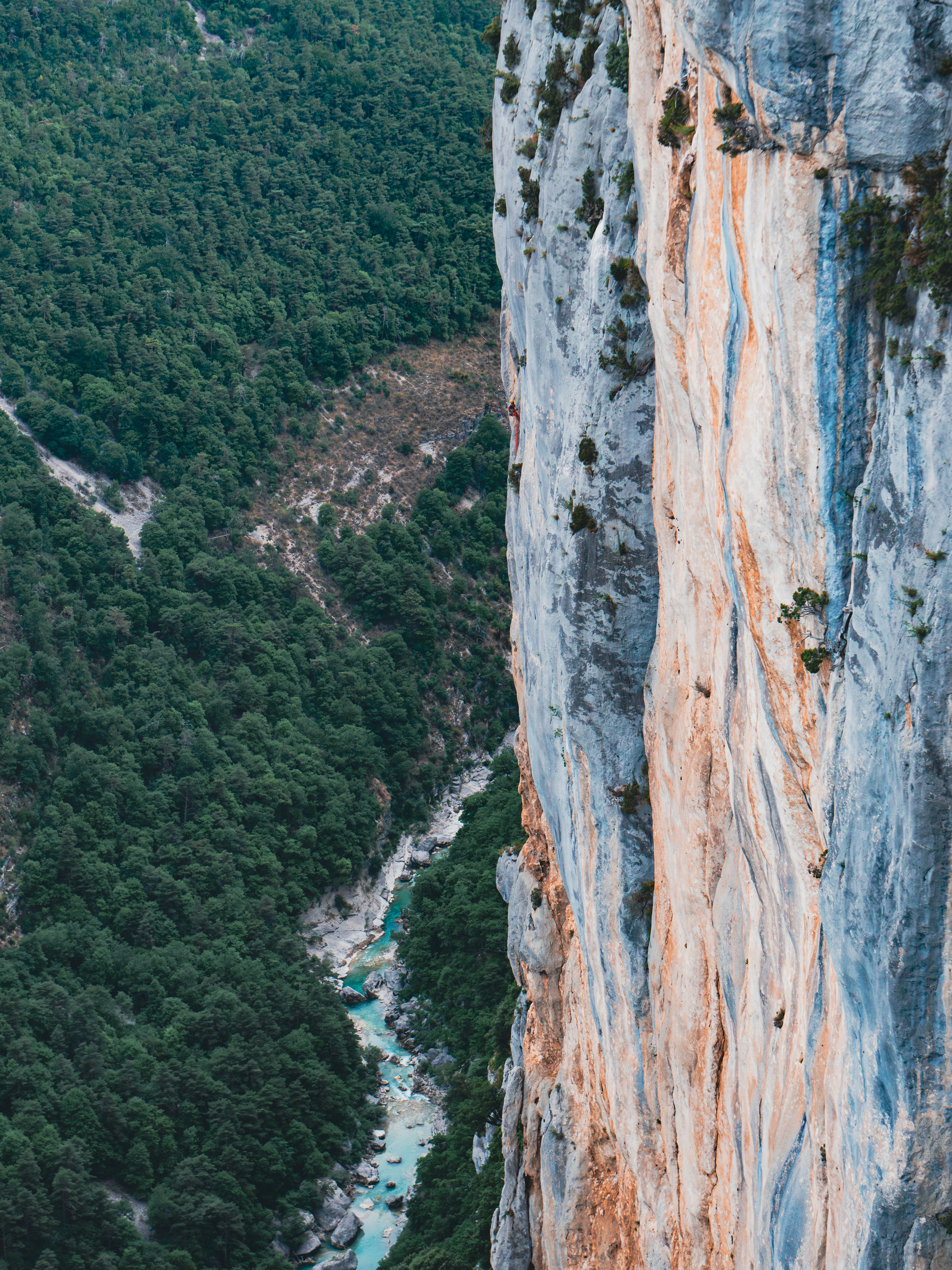 Cliff overlooks a forest and river below.