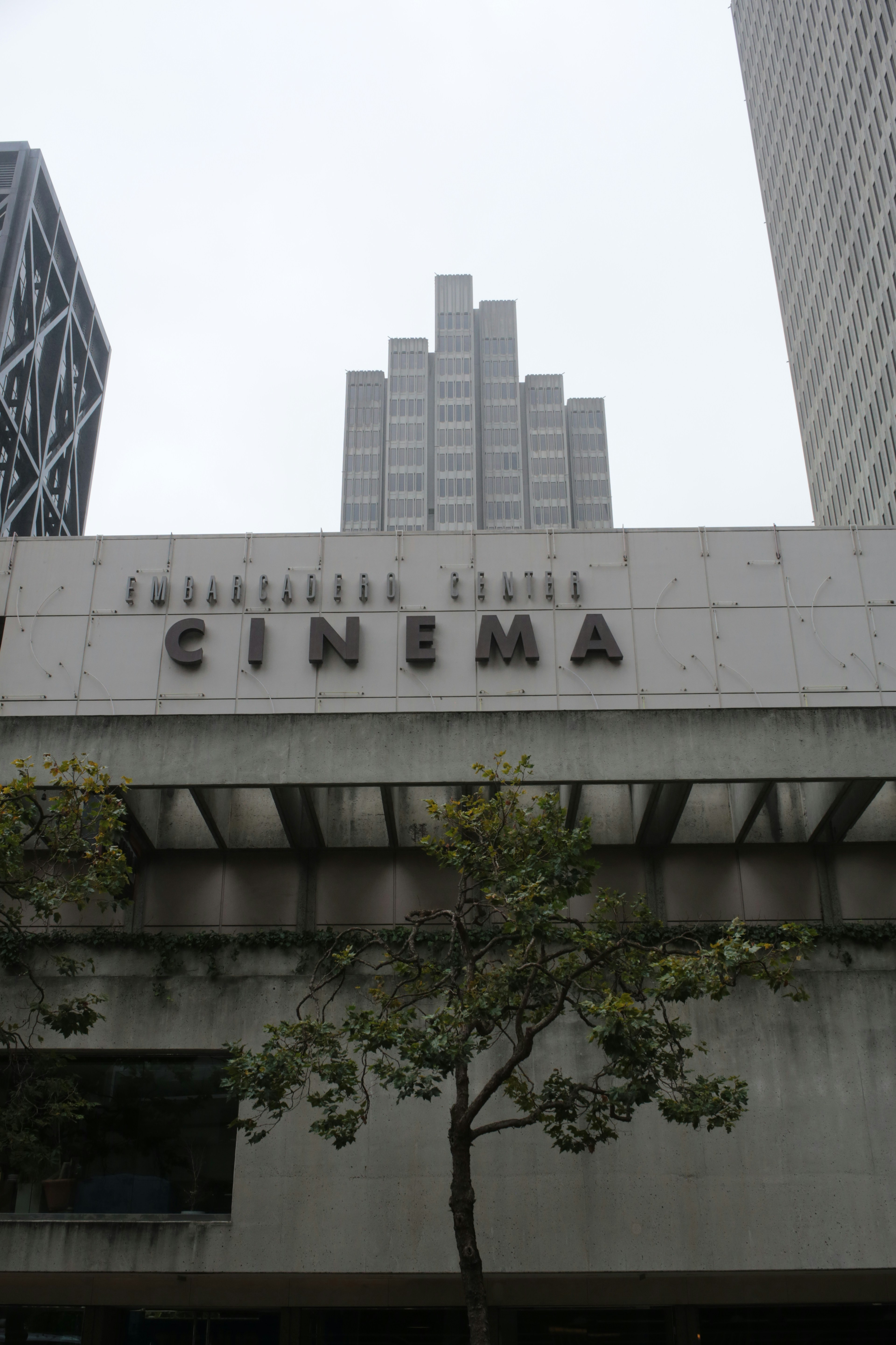 Urban Cinema Facade Beneath Towering Skies