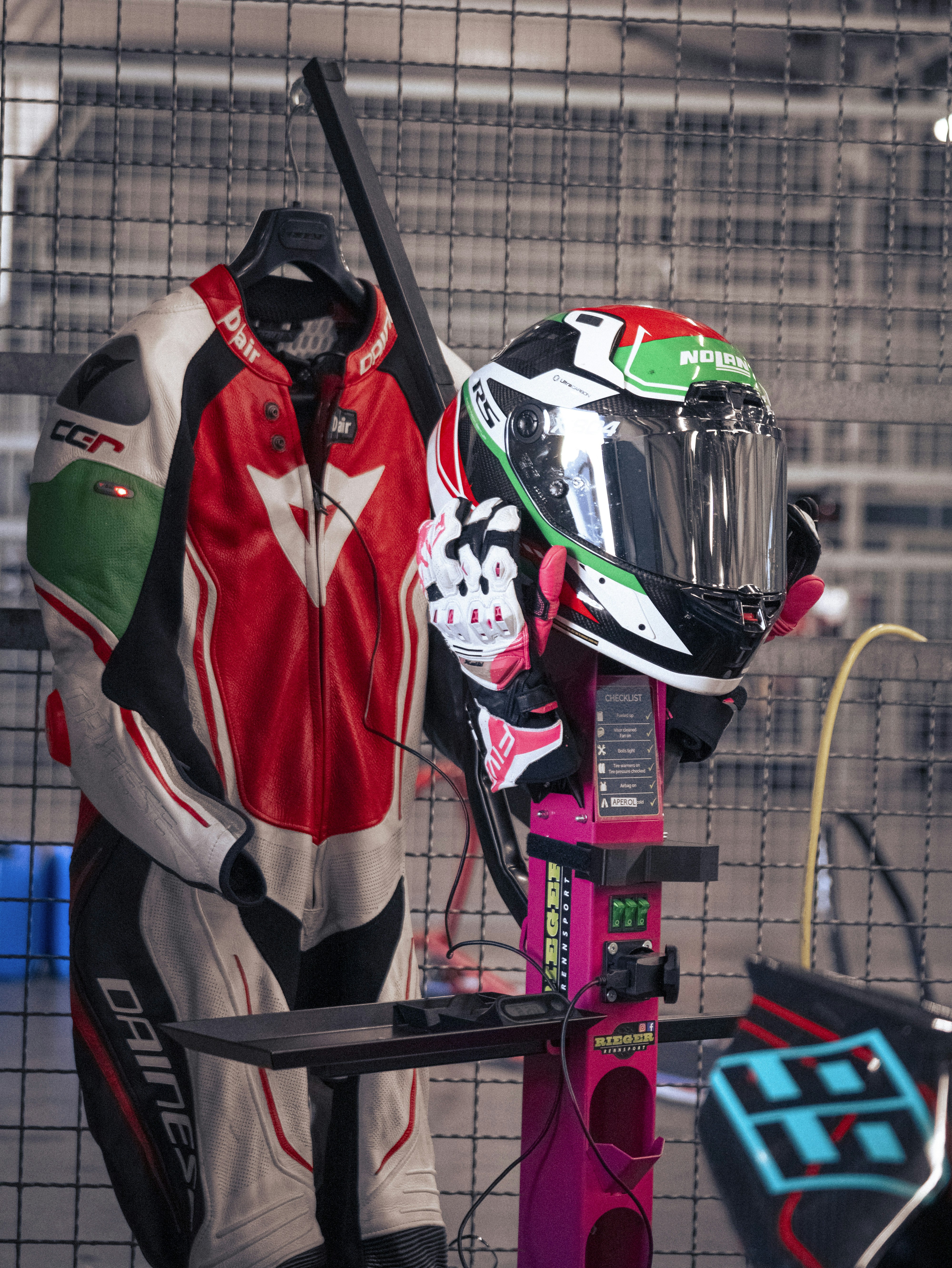 Motorcycle racing gear is ready for the track.