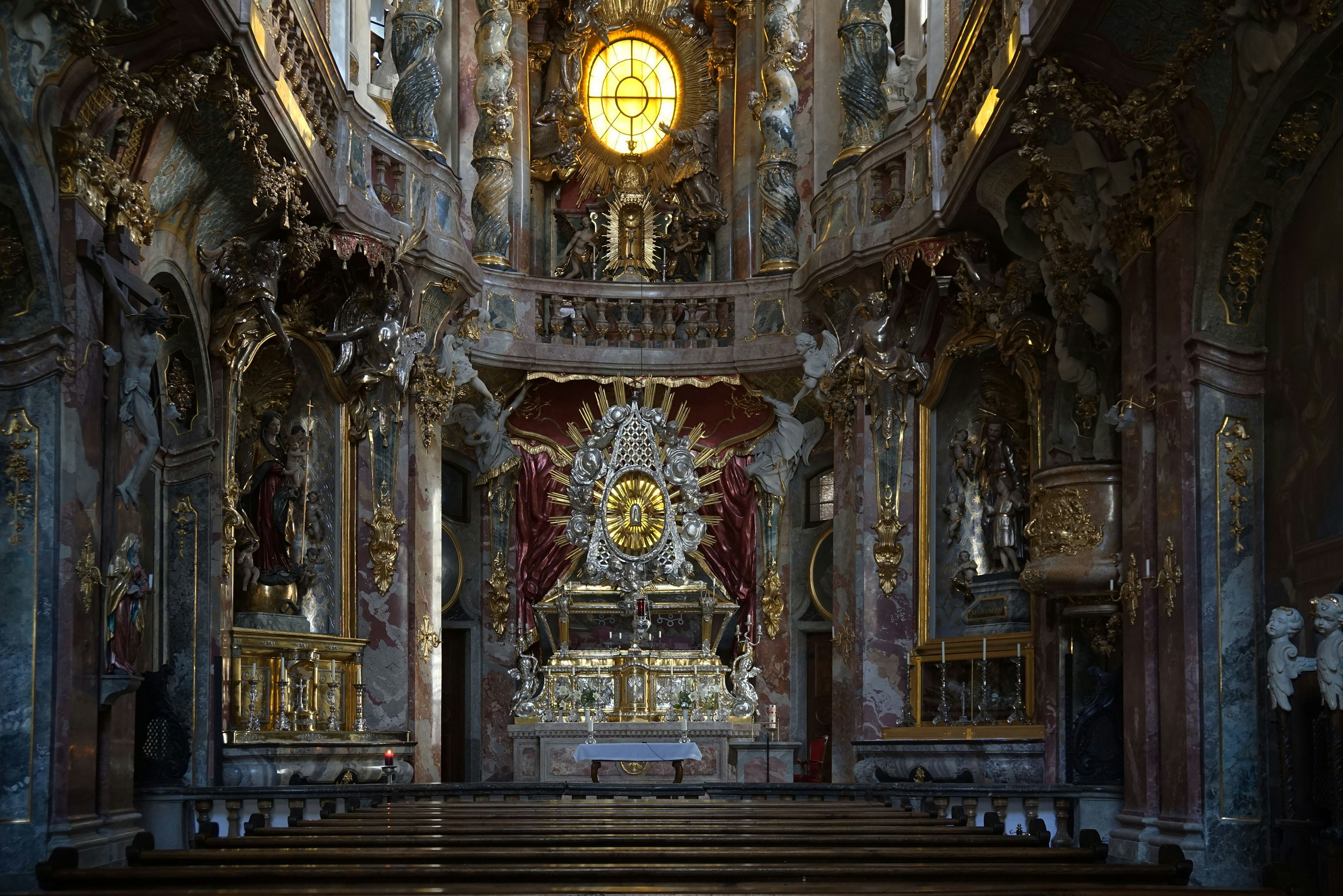Asam church | Ornate church interior with golden details.