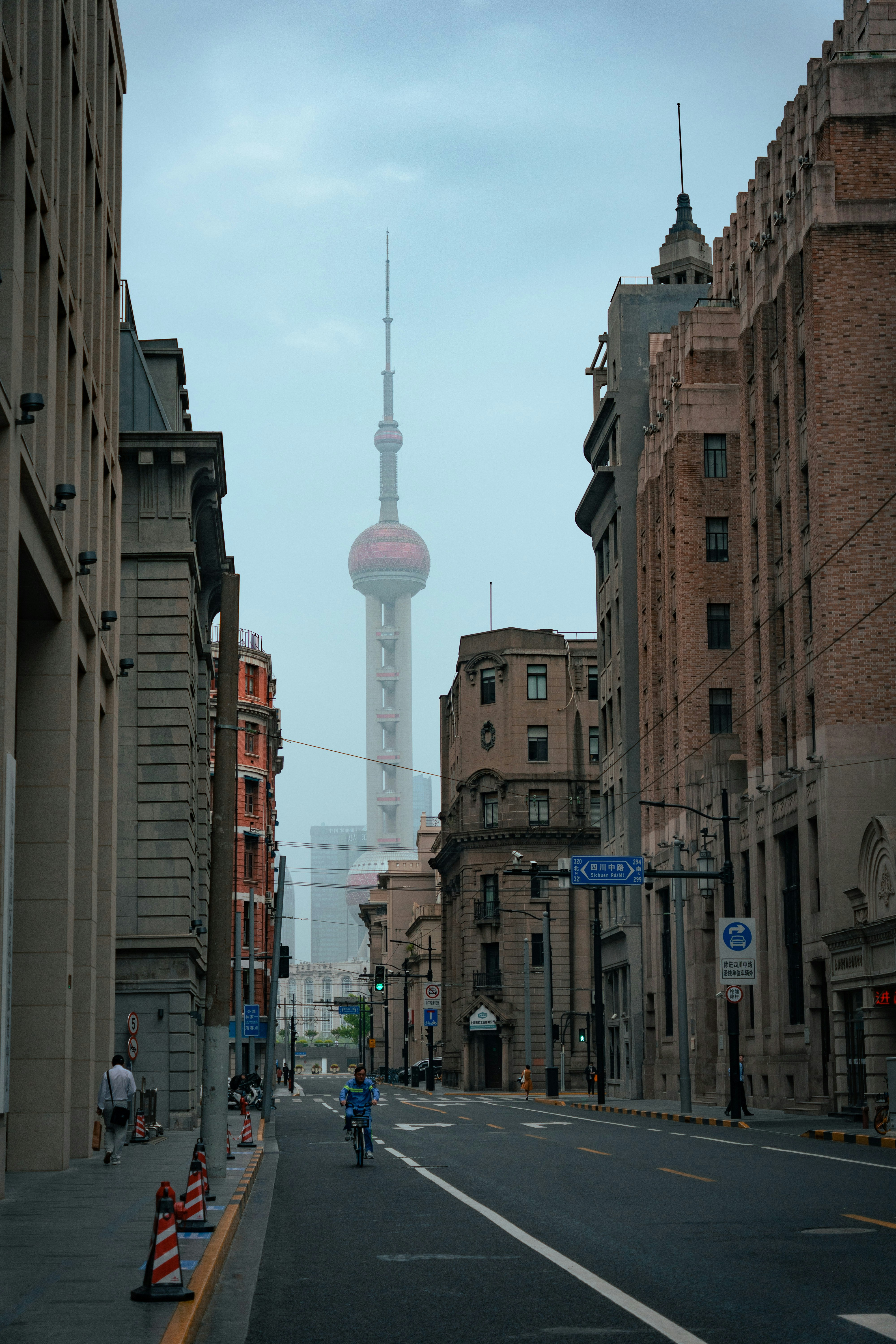 Street view of shanghai with oriental pearl tower.