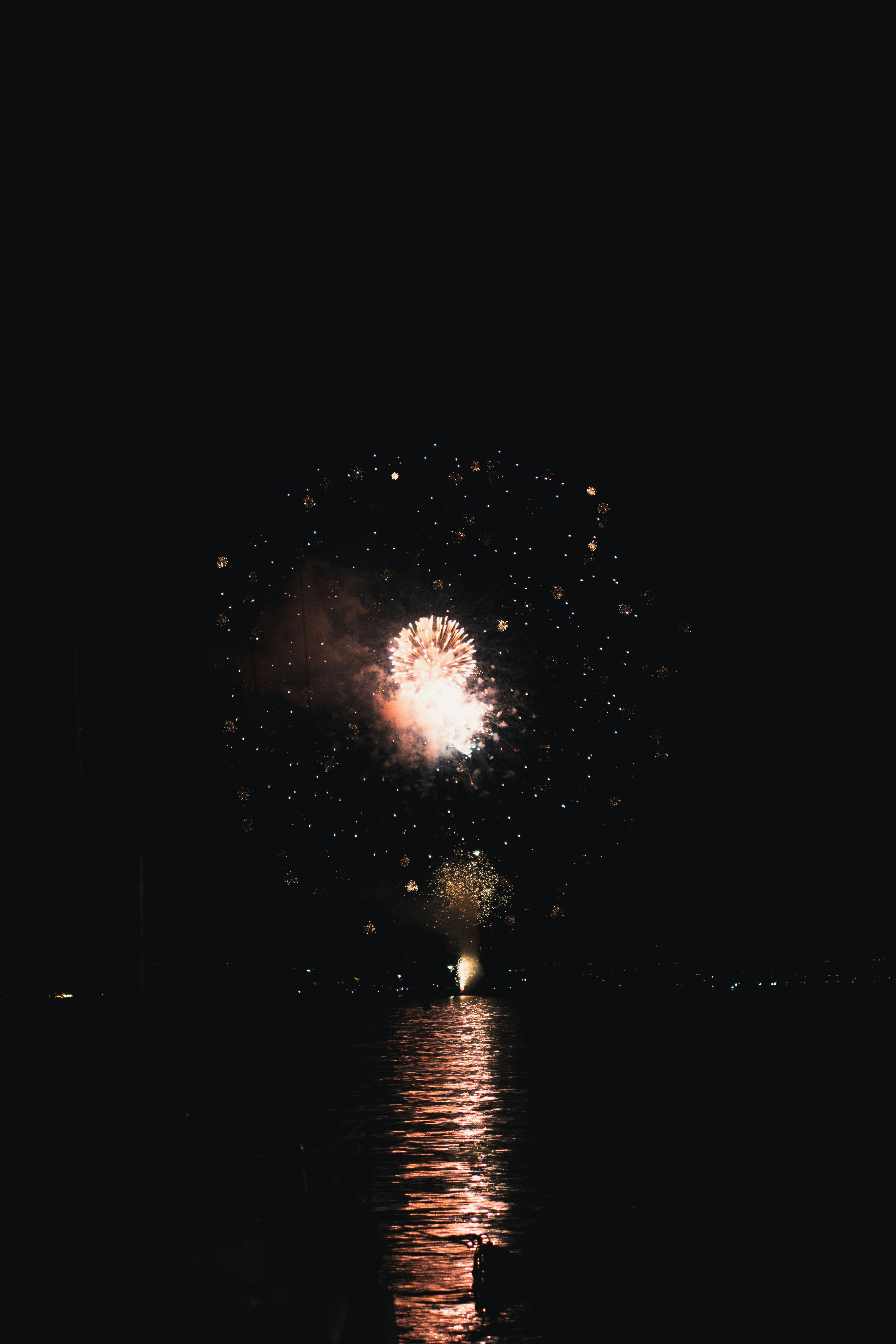 Ember Bloom Over a Dark Lake: Fireworks Reflections at Midnight