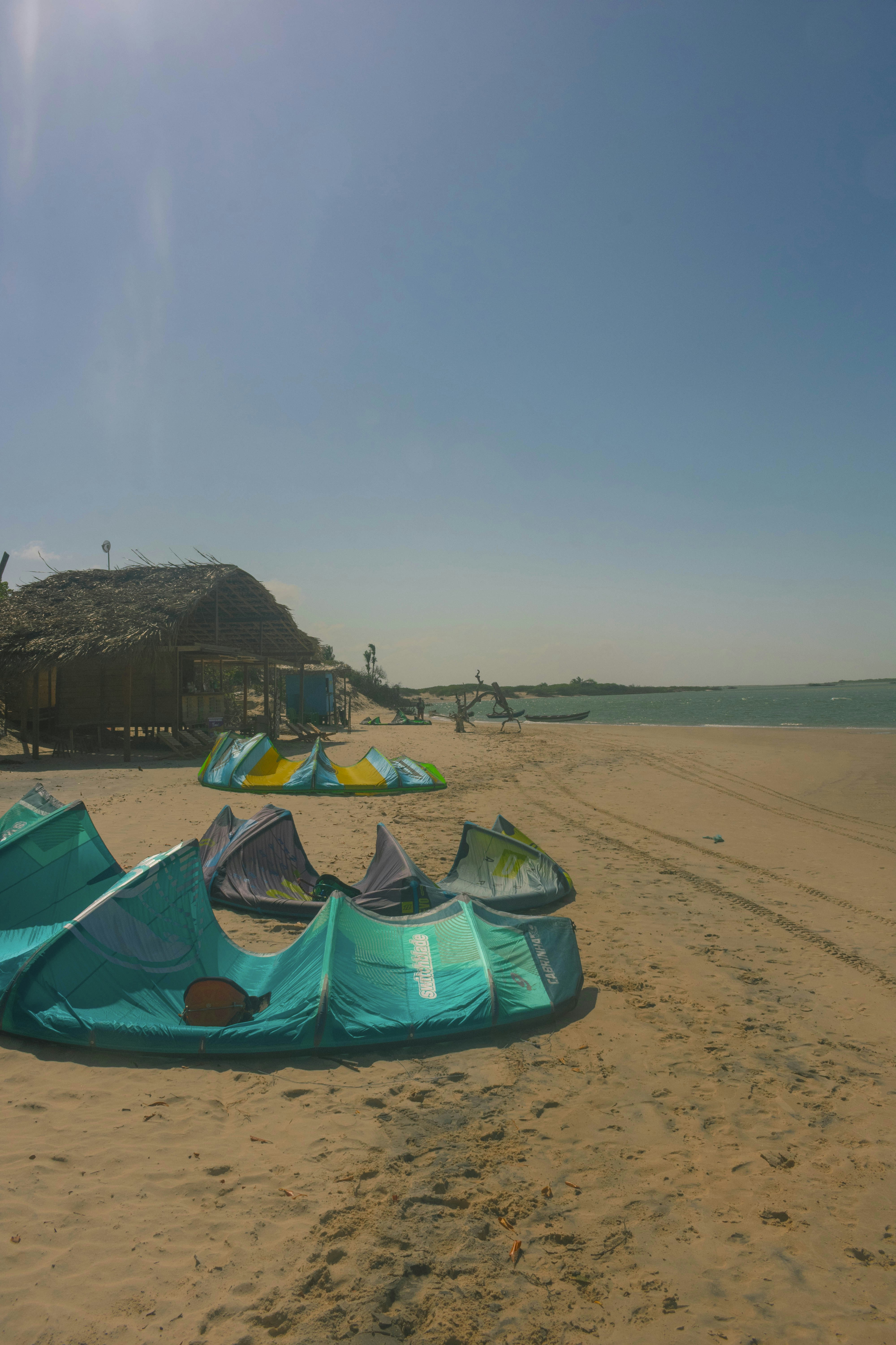 Colorful kites lined up on a sandy beach, with a rustic hut in the background under a clear blue sky.