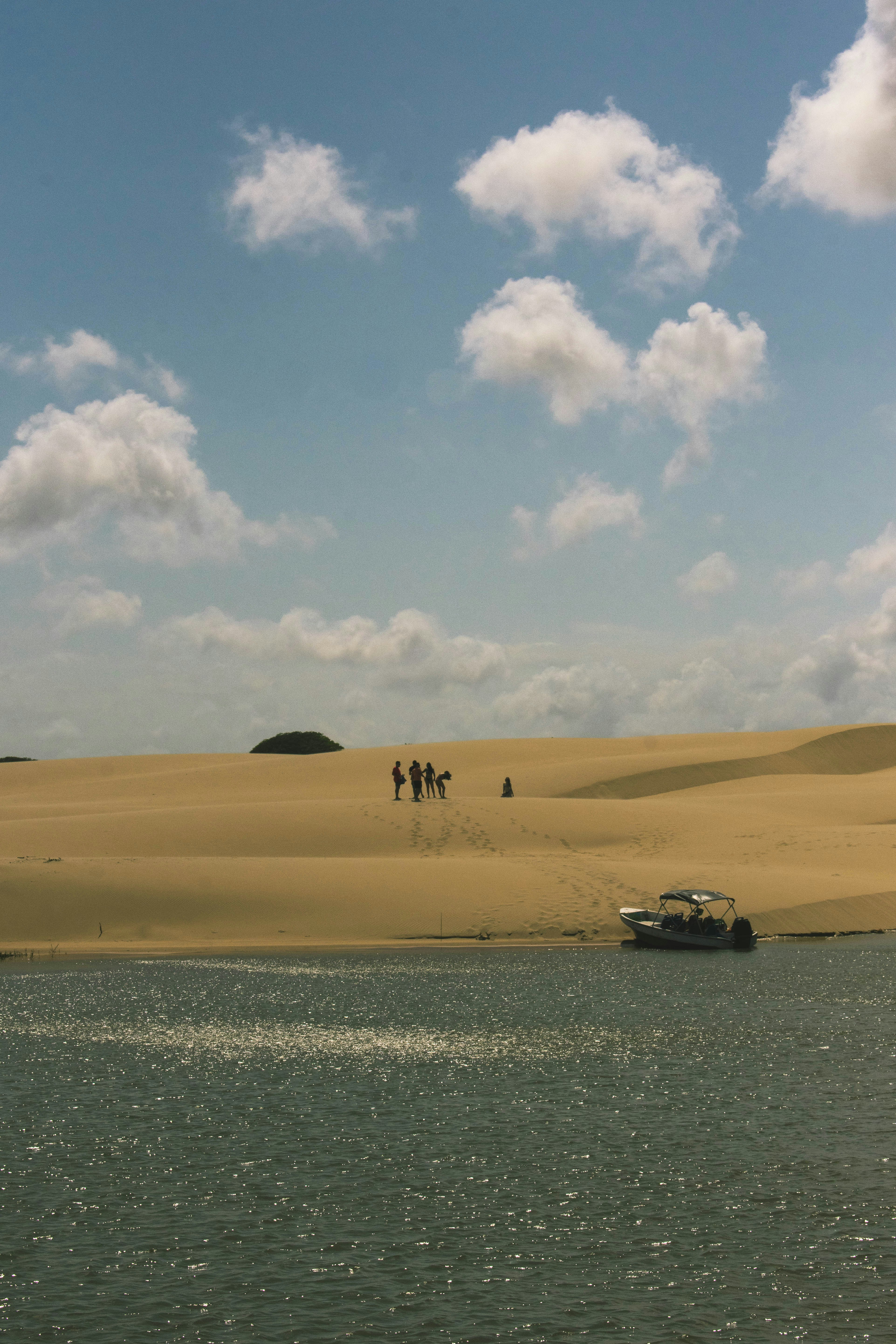 People walk on a sand dune near the water.