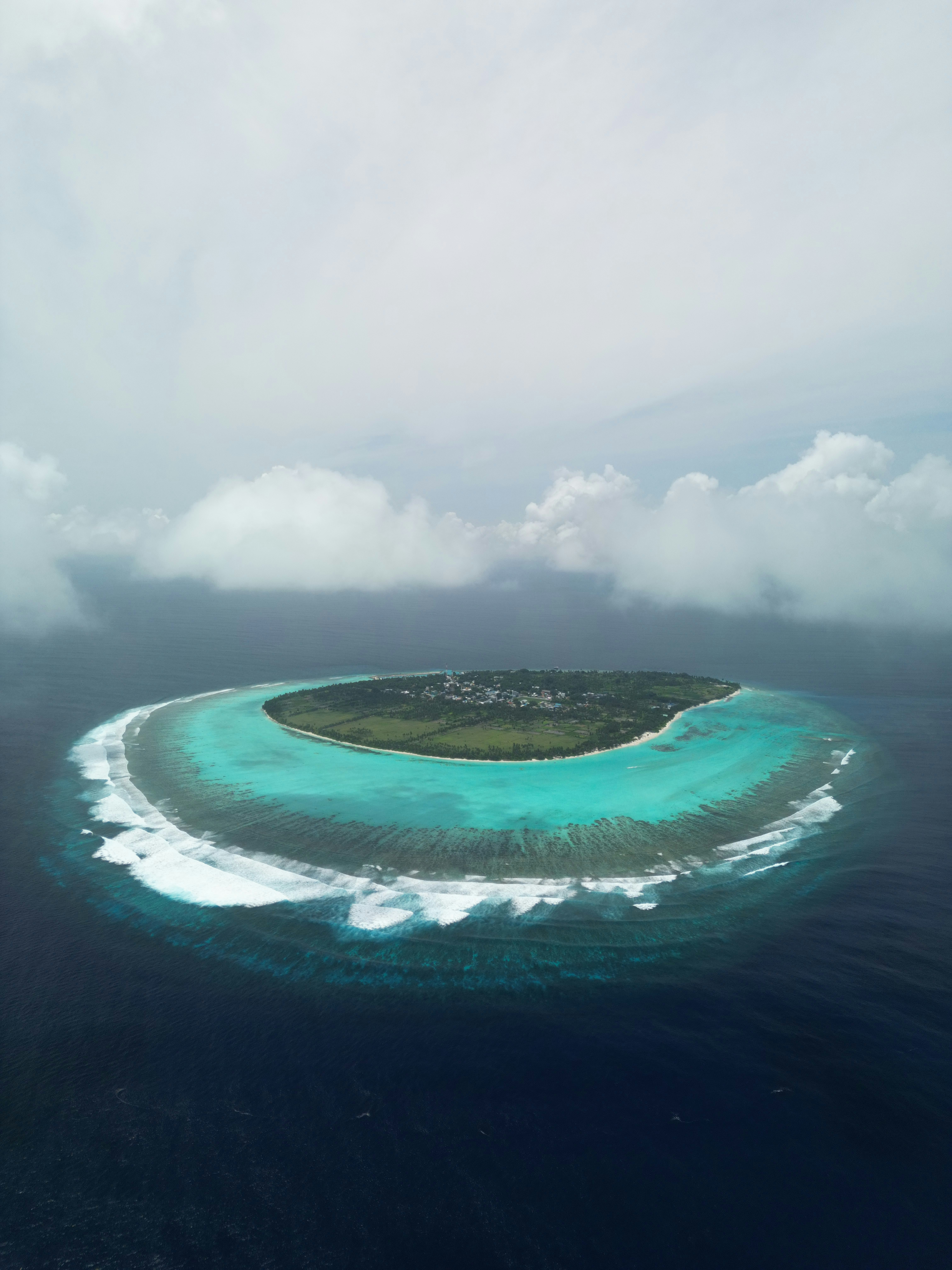 Aerial view of a lush island surrounded by vibrant turquoise waters and a white sandy reef, showcasing the natural beauty of coastal ecosystems.
