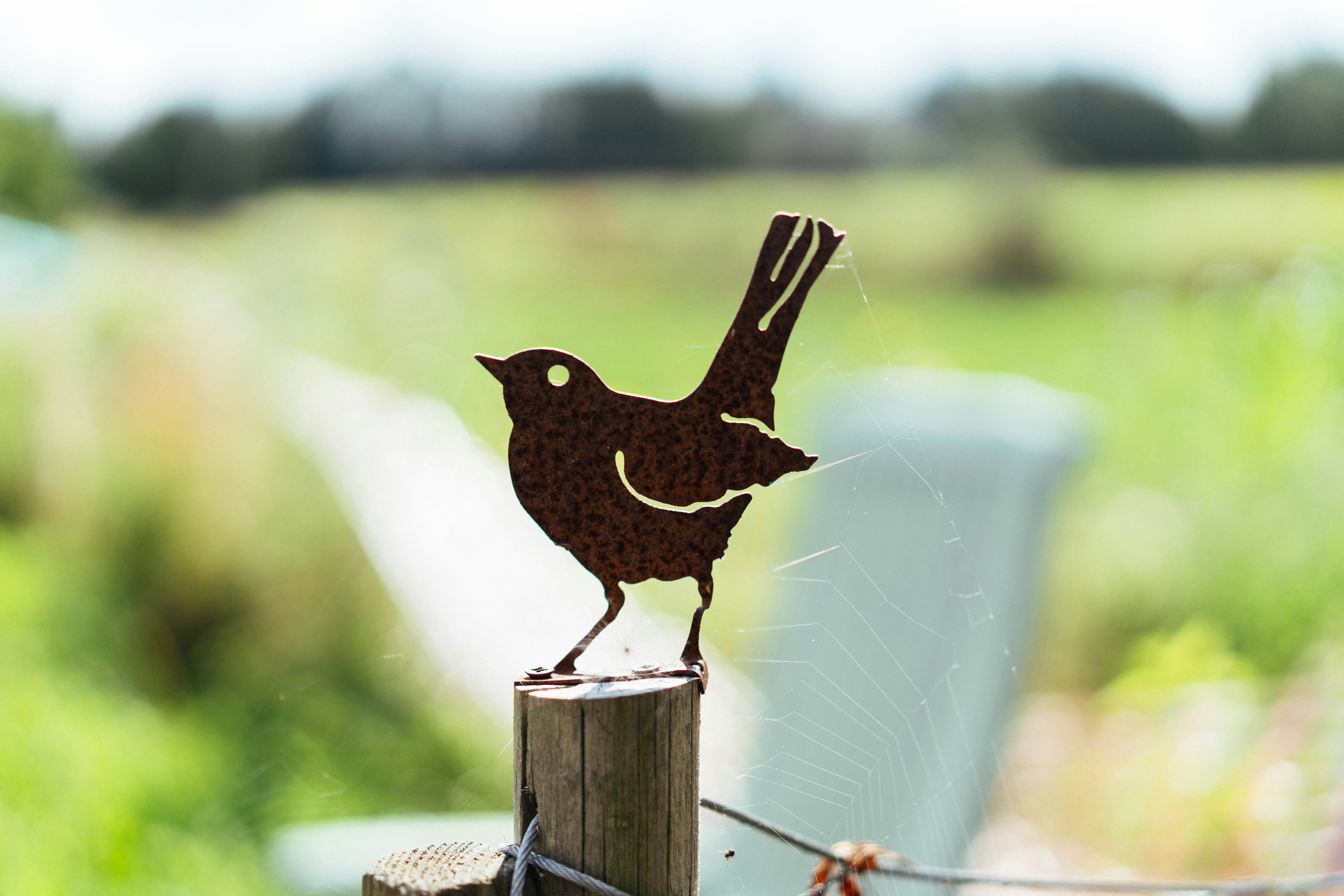 Silhouette on a Weathered Post: Metal Bird Against a Soft Garden Blur