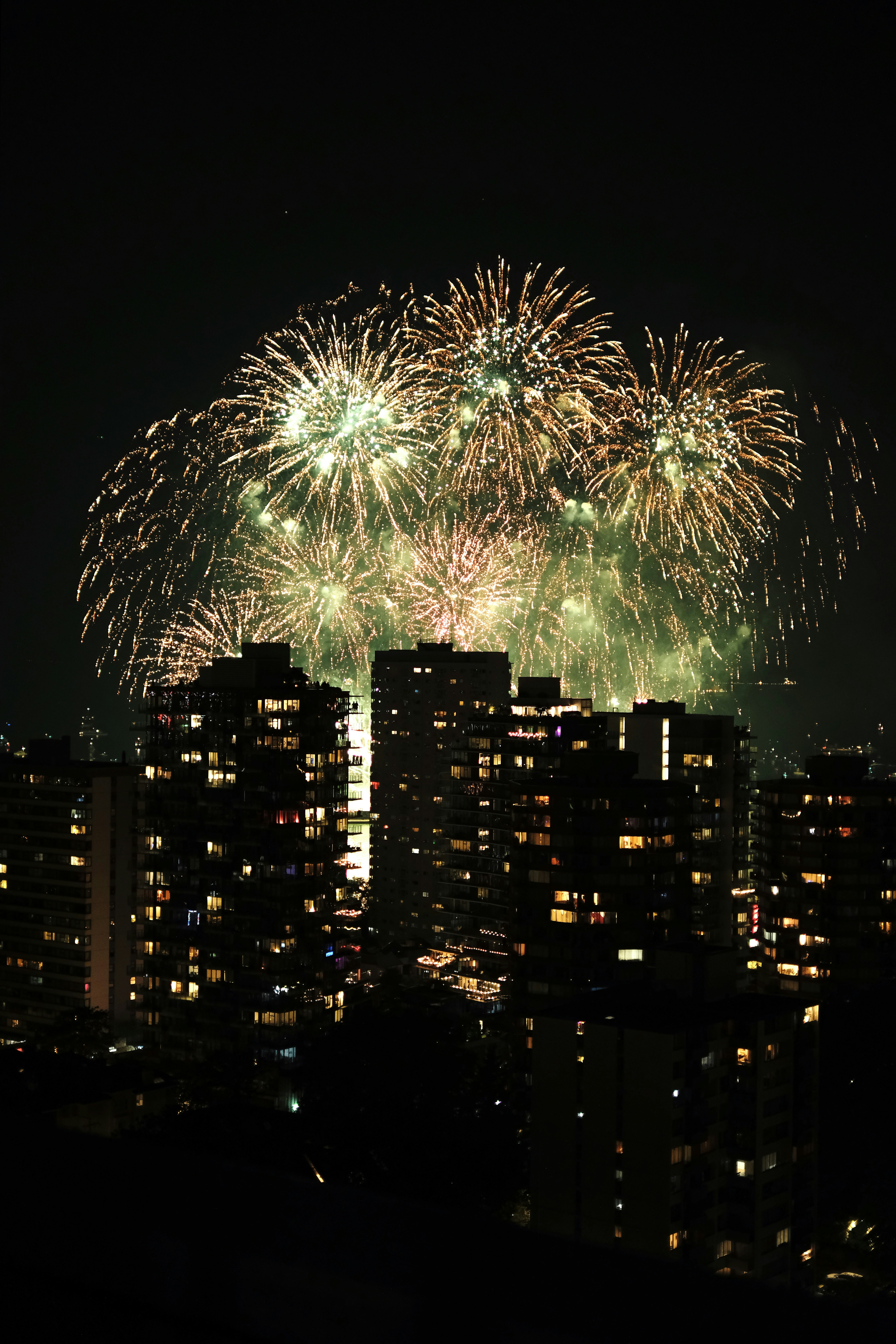 Fireworks burst over a city skyline, illuminating buildings against the night sky.