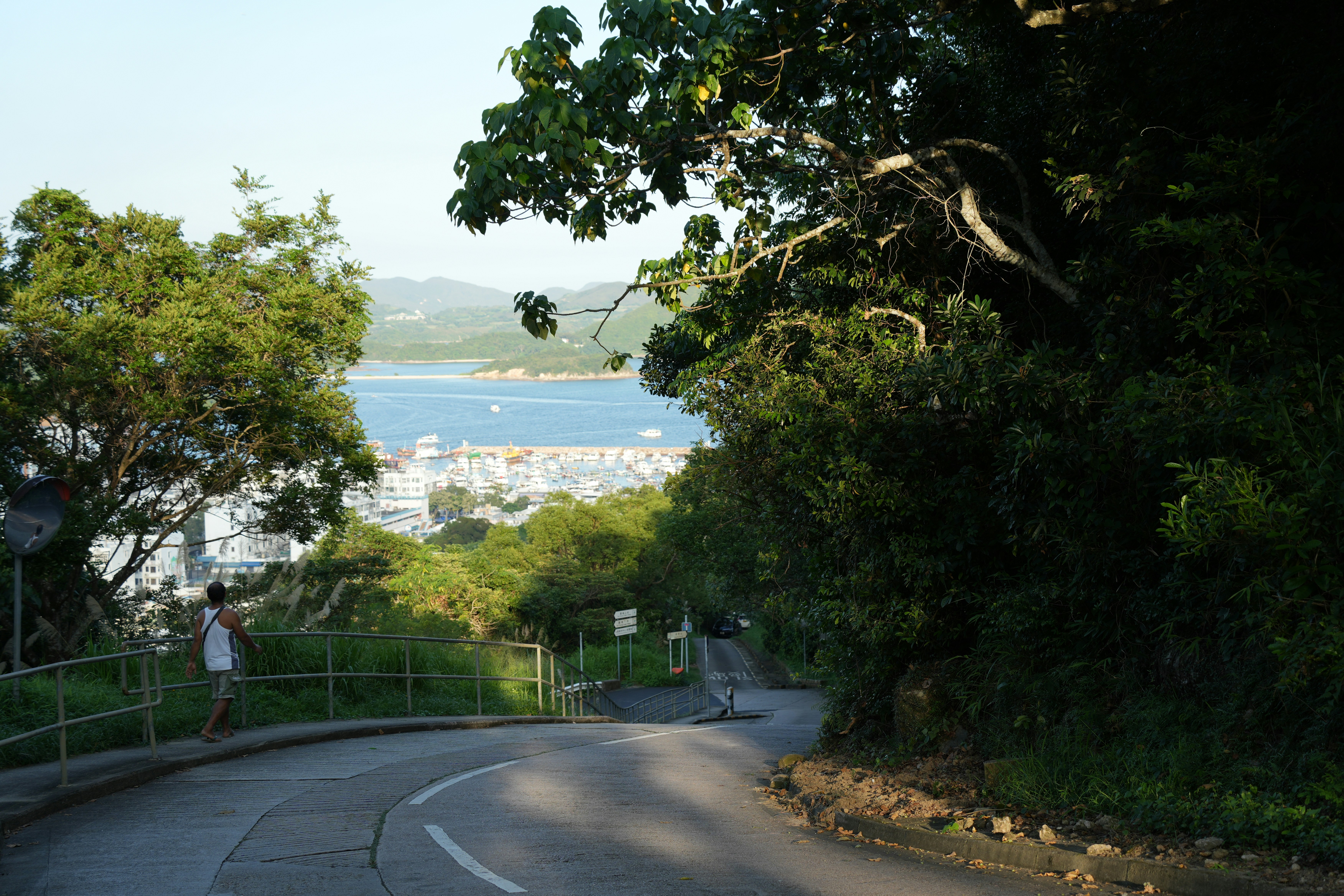 A winding road leads to the sea.