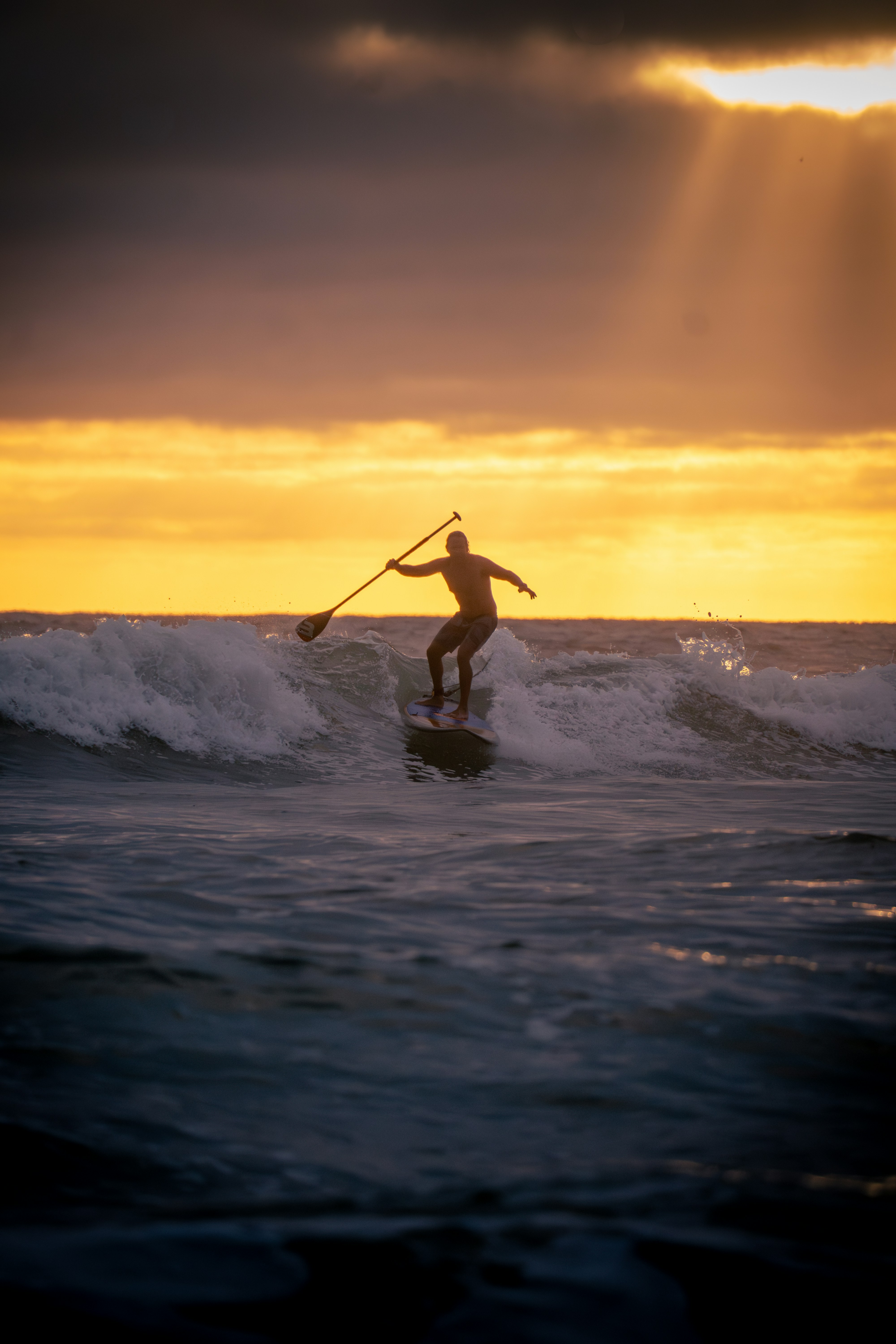 Surfer paddles into waves under a golden sunset.