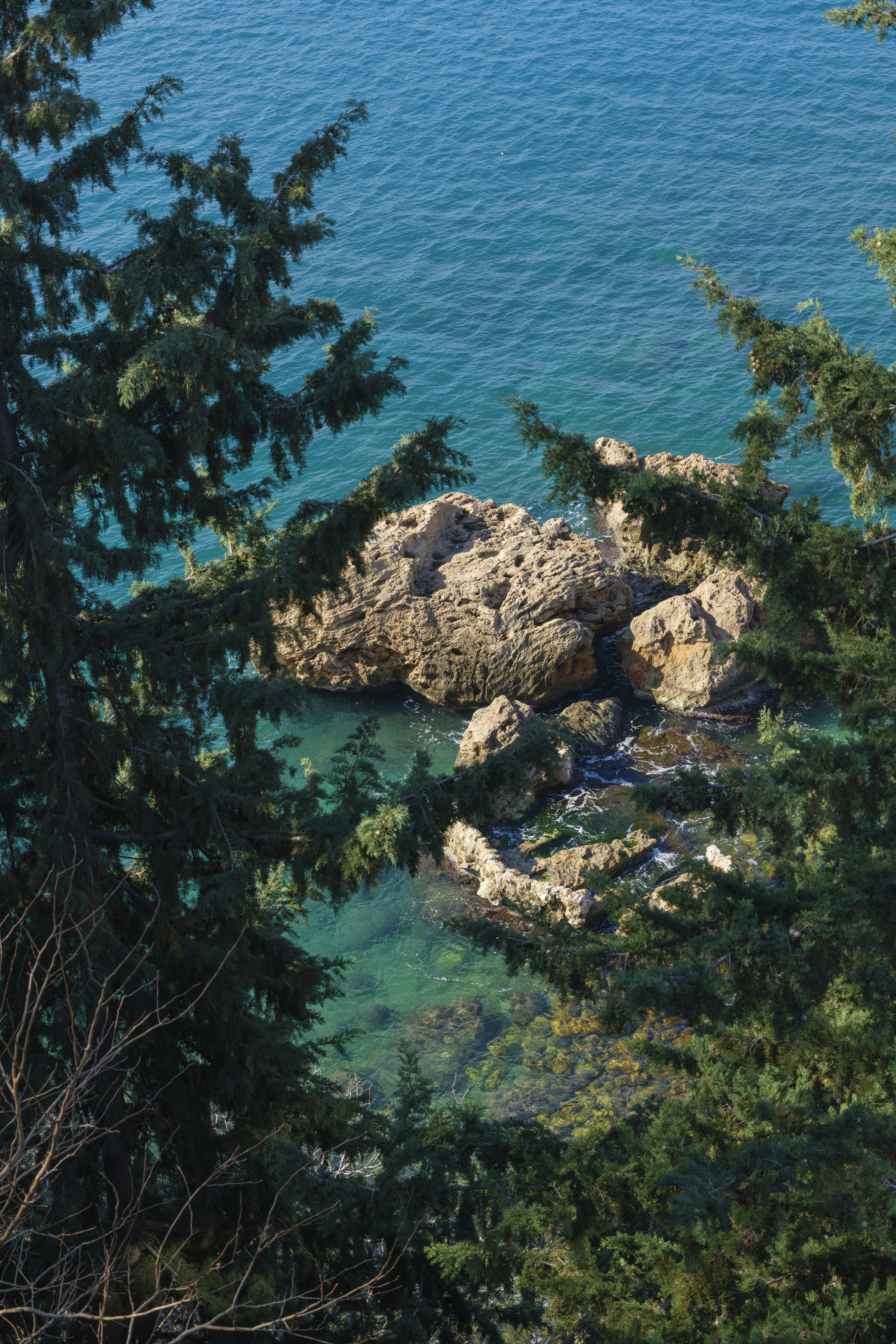 Rocky outcrop surrounded by clear turquoise waters and lush greenery, showcasing a tranquil seaside scene.