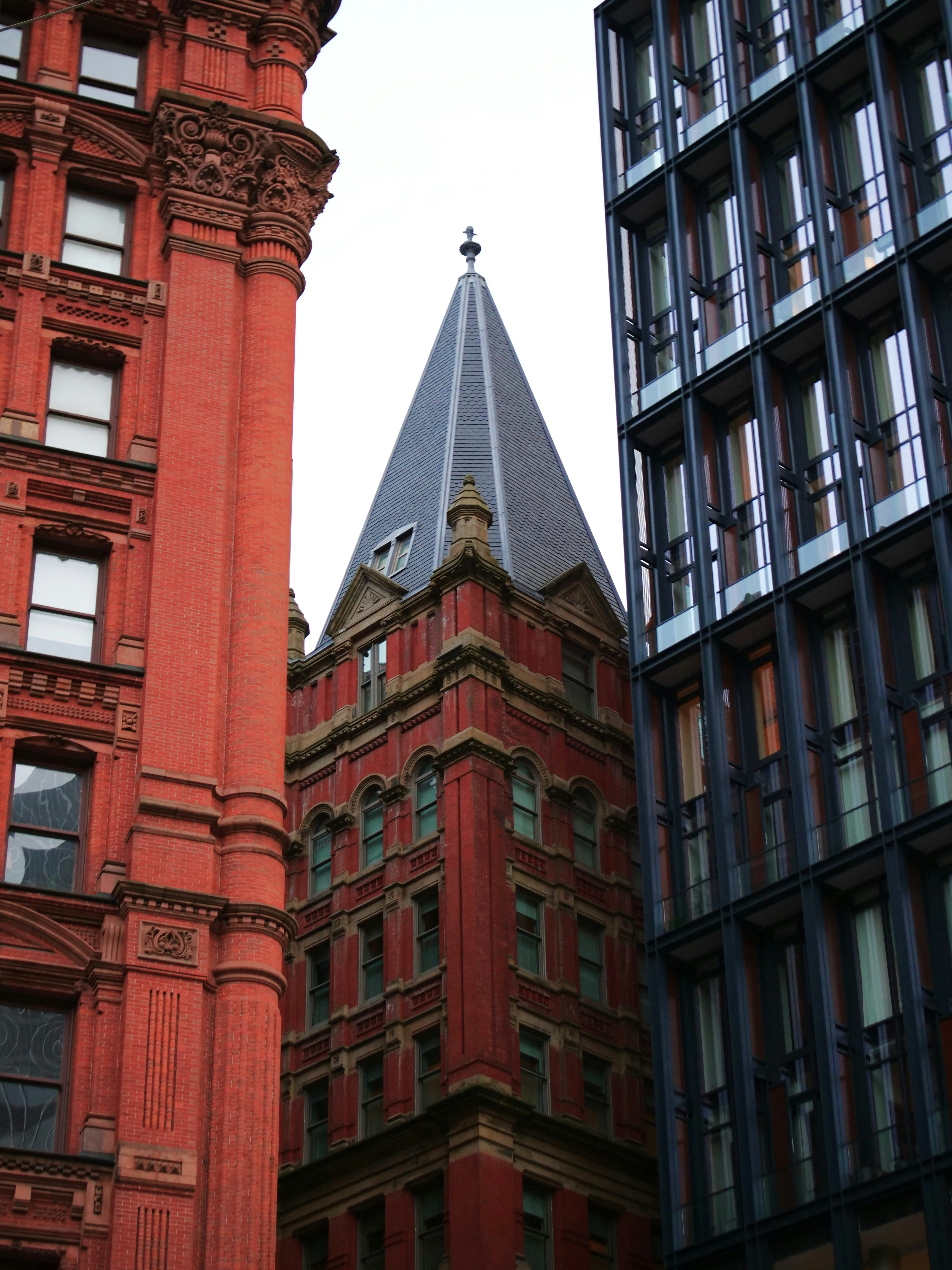 Buildings of varying styles and colors stand tall.