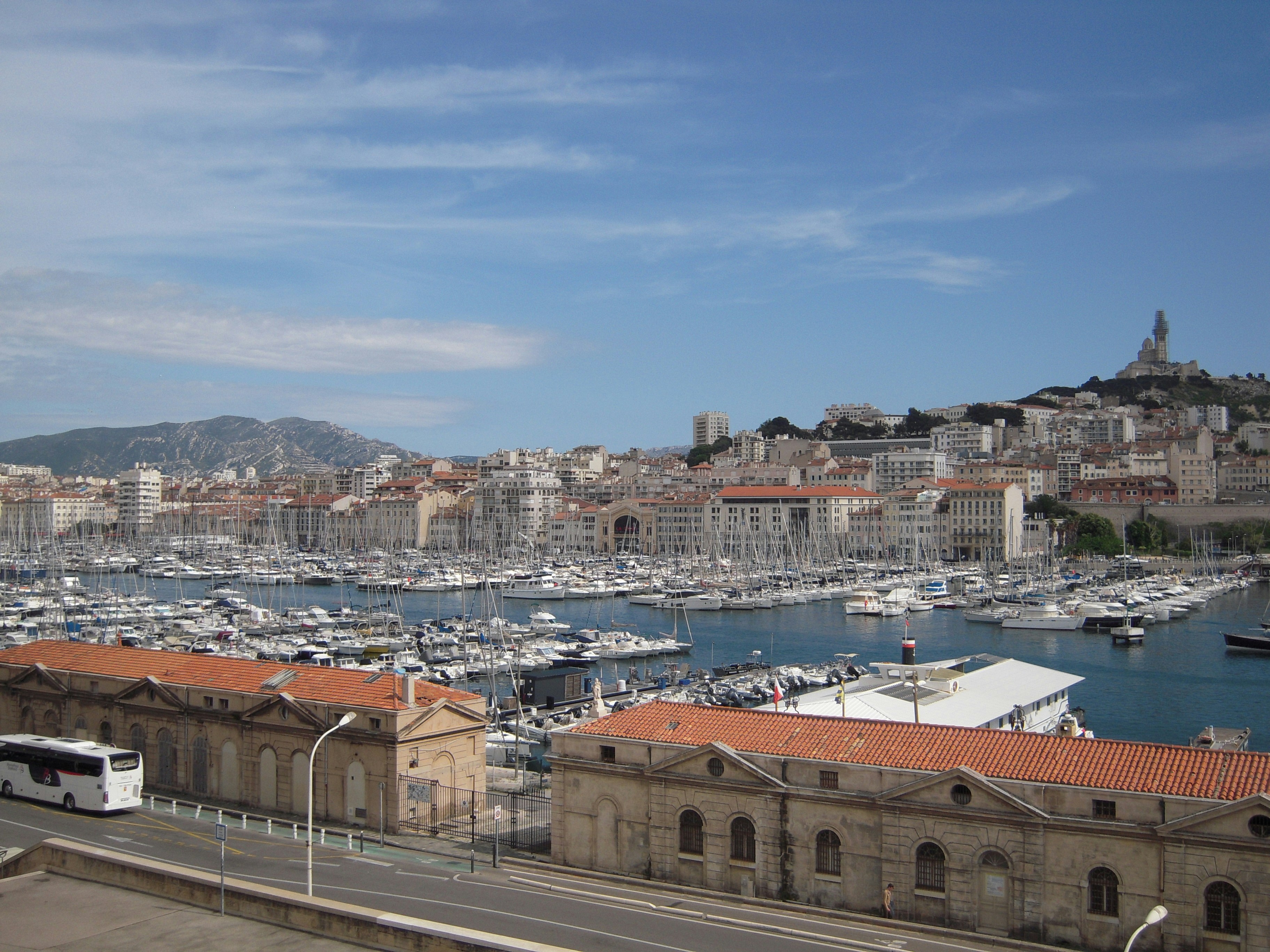 A harbor full of boats with a city in the background.