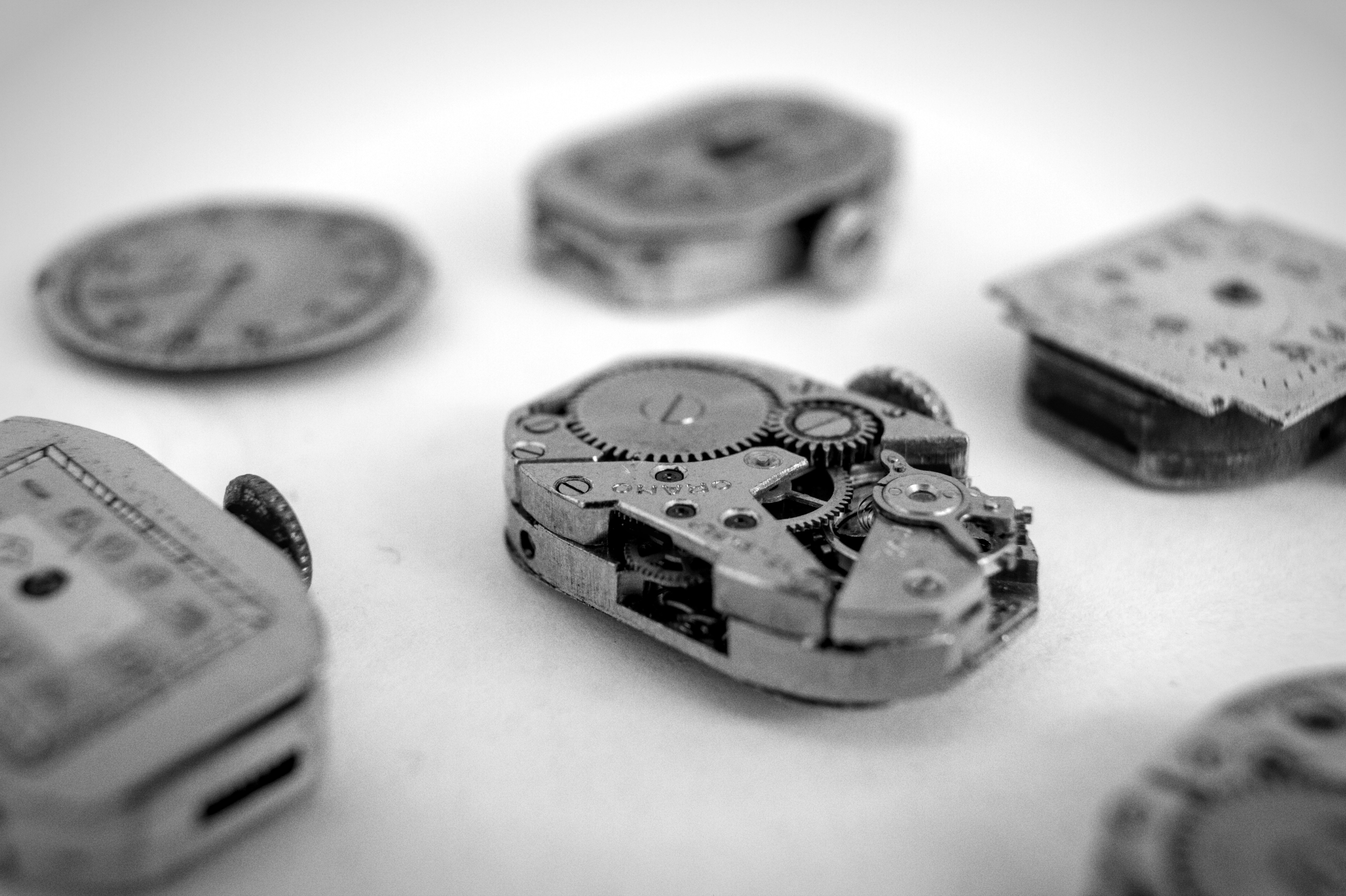 Close-up of watch parts scattered on a white surface.